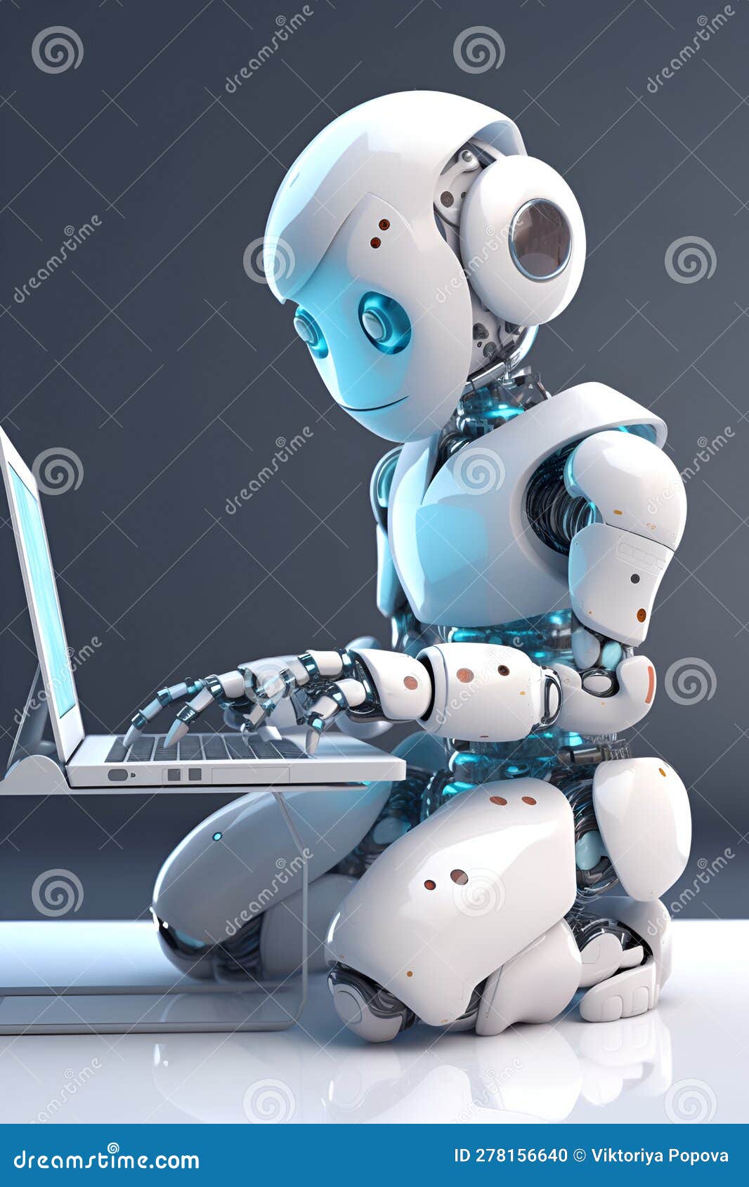 A Toy Robot is Typing on a Laptop Keyboard while Sitting, Generating an ...