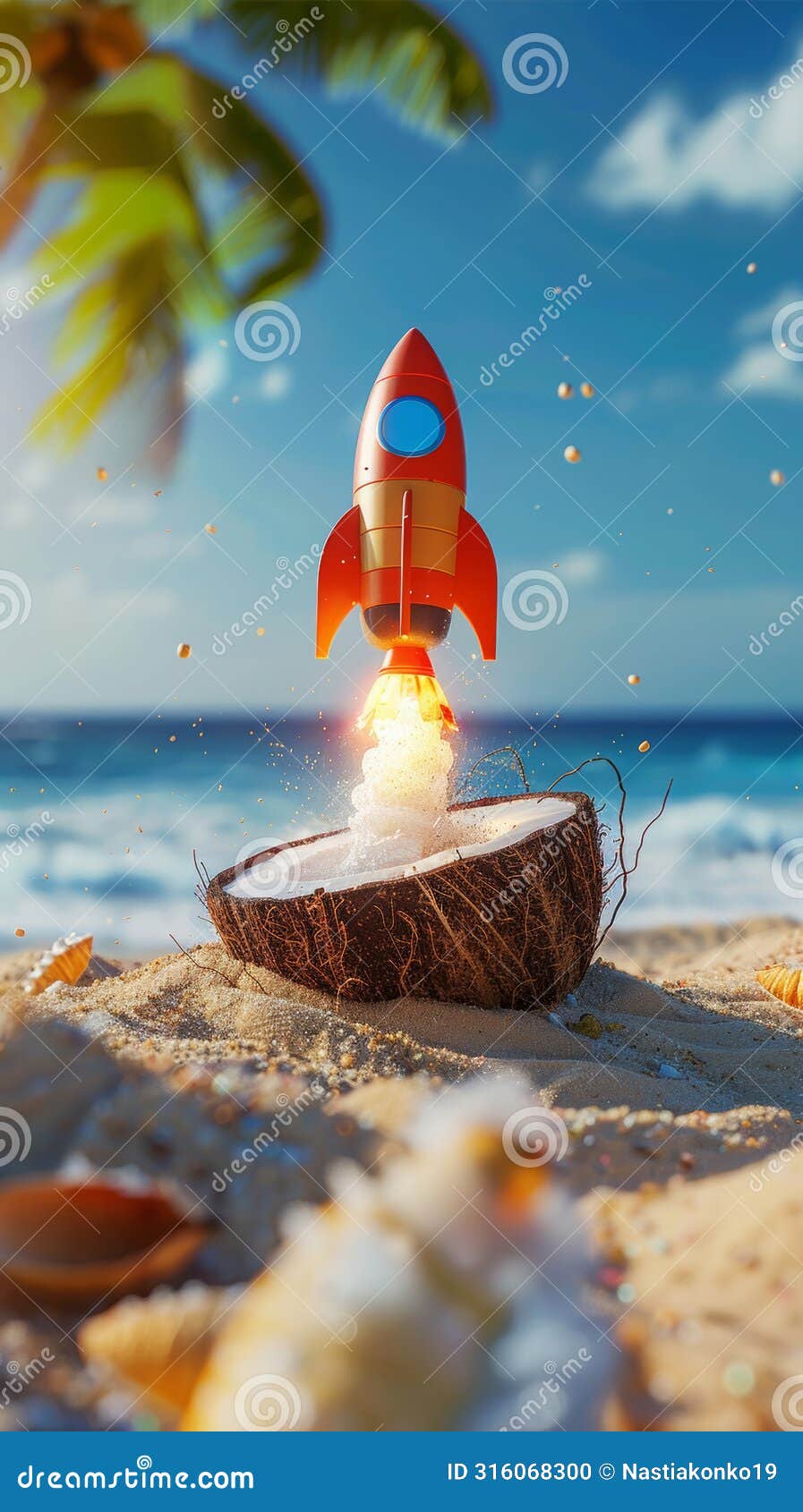 Toy Rocket Launching from a Coconut on a Sandy Beach Stock Photo ...