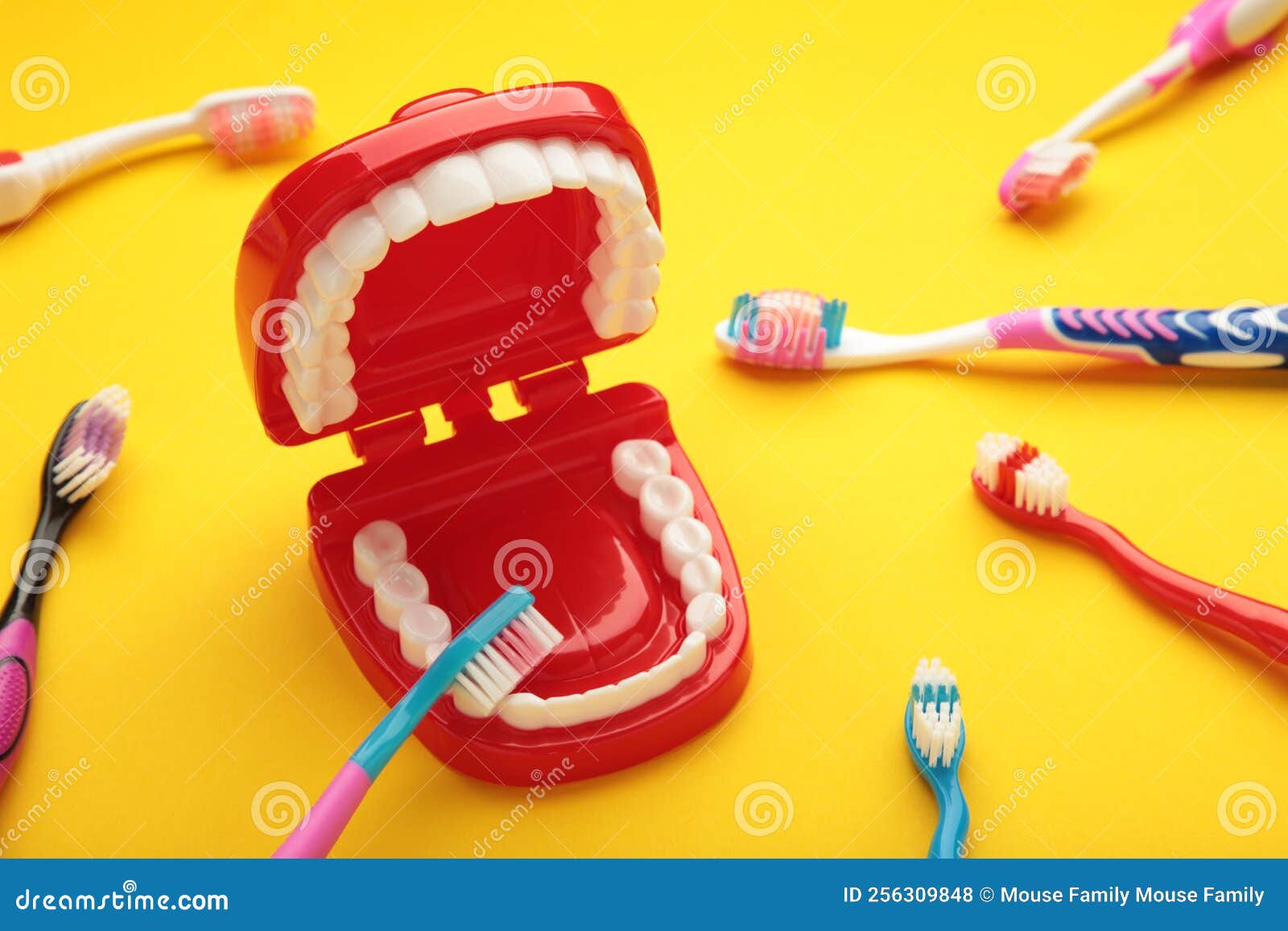 Toy Teeth with Toothbrush on Yellow Background Stock Photo - Image of ...