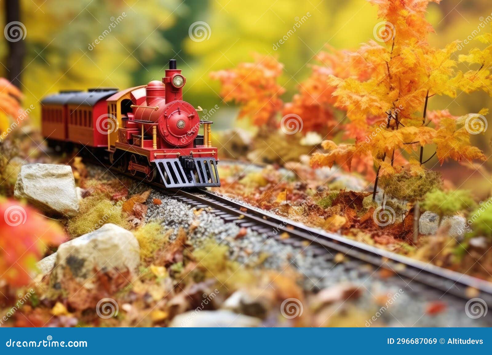 Toy Train Engine on a Model Track Amid Fake Fall Foliage Stock Image ...
