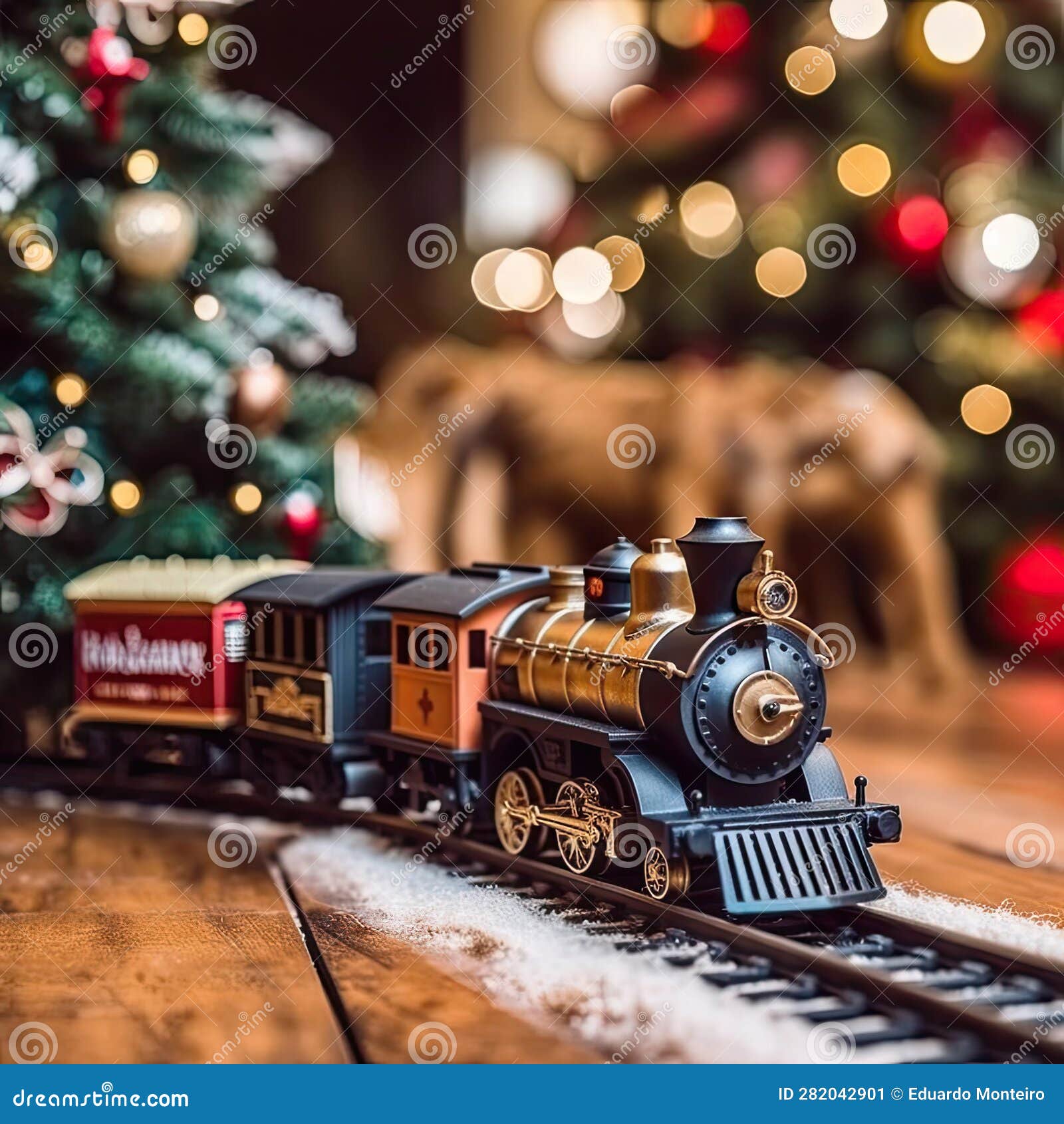A Toy Train Set Running Under and Around the Christmas Tree Stock ...
