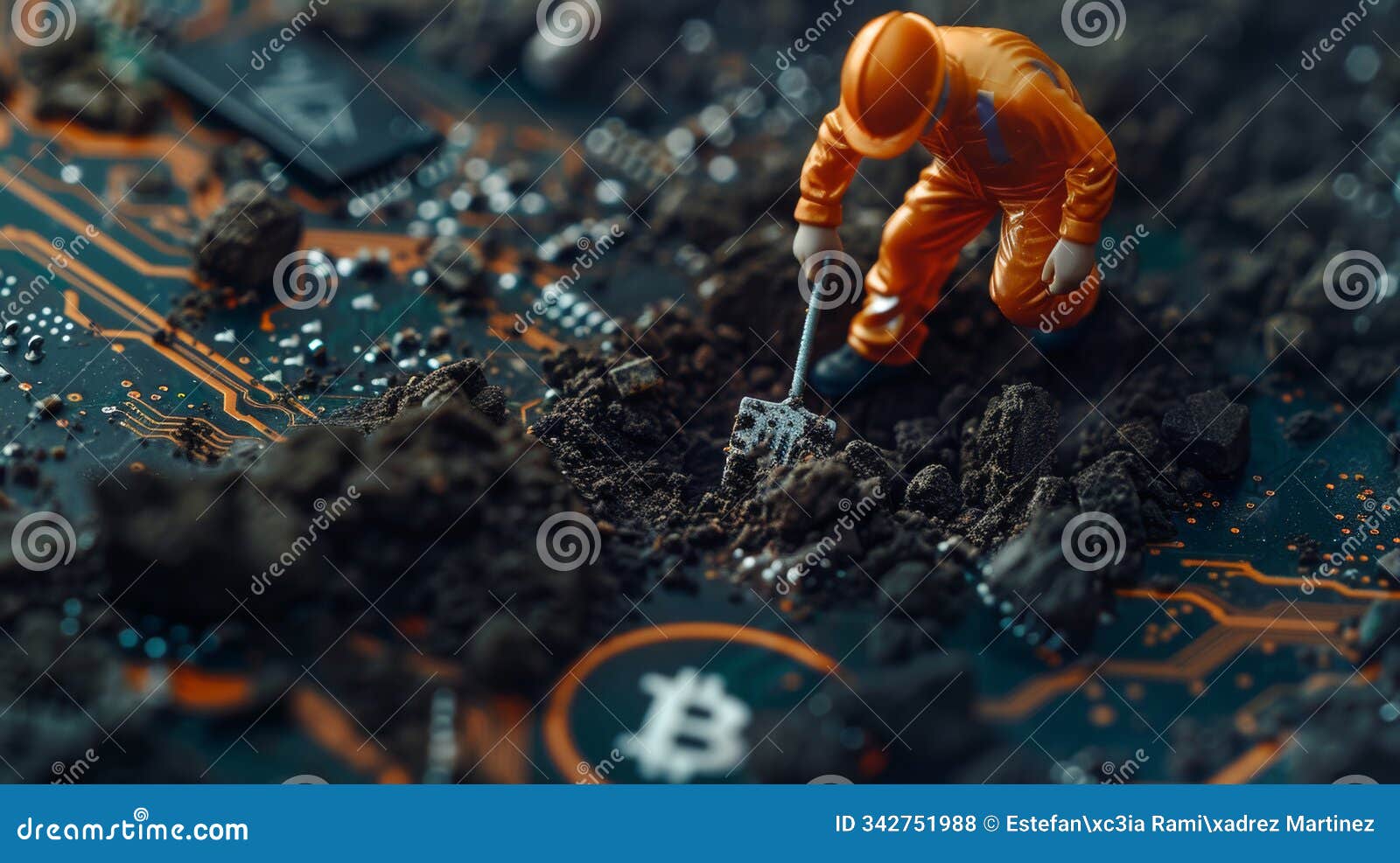 Toy Worker Digging on Circuit Board with Bitcoin Logo Bitcoin Mining ...