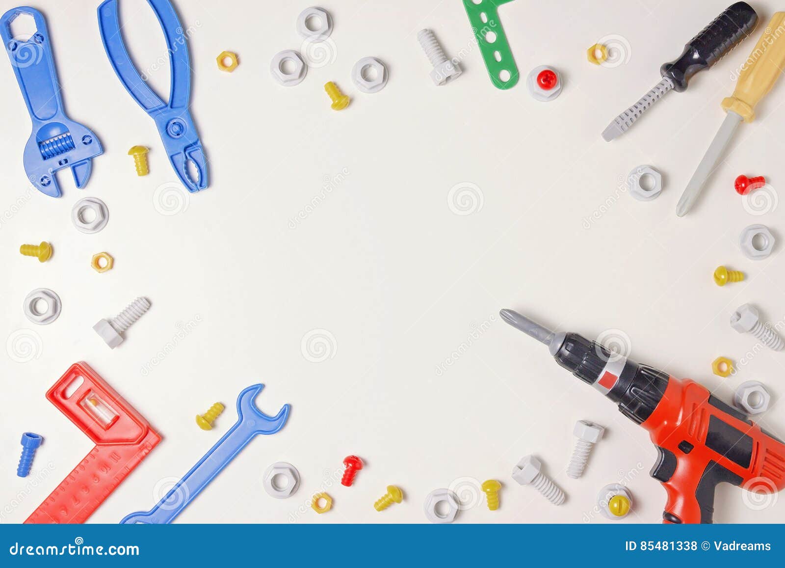 Toys Construction Tools from Kids Tool Kit Frame on White Background ...