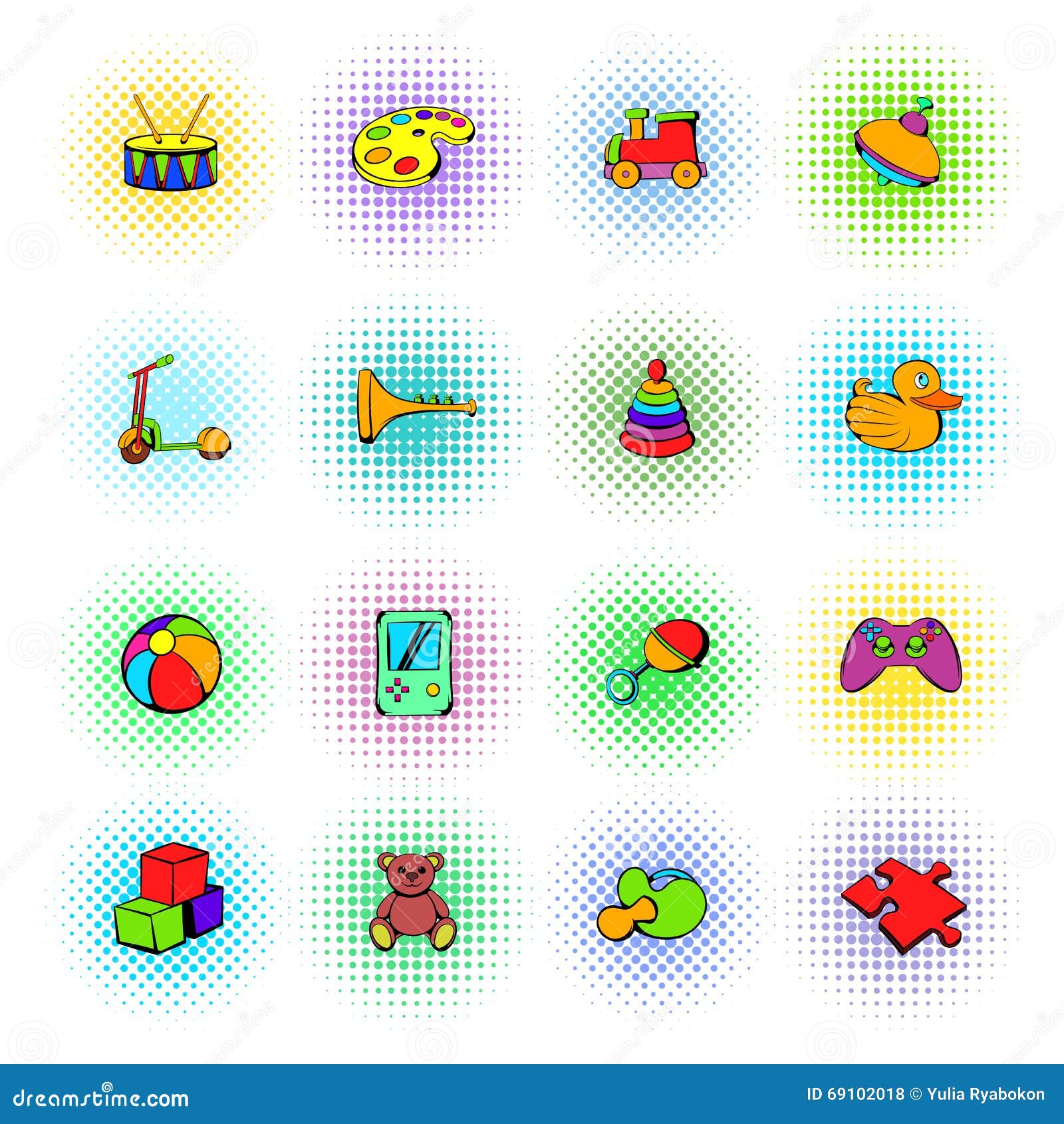 Toys Icons Set, Comics Style Stock Vector - Illustration of musical ...