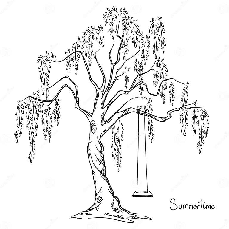 Träd med en gunga vektor illustrationer. Illustration av träd - 50195305