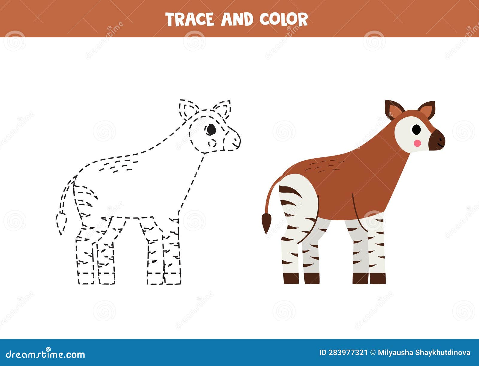 Trace and Color Cartoon Okapi. Worksheet for Children Stock Vector ...