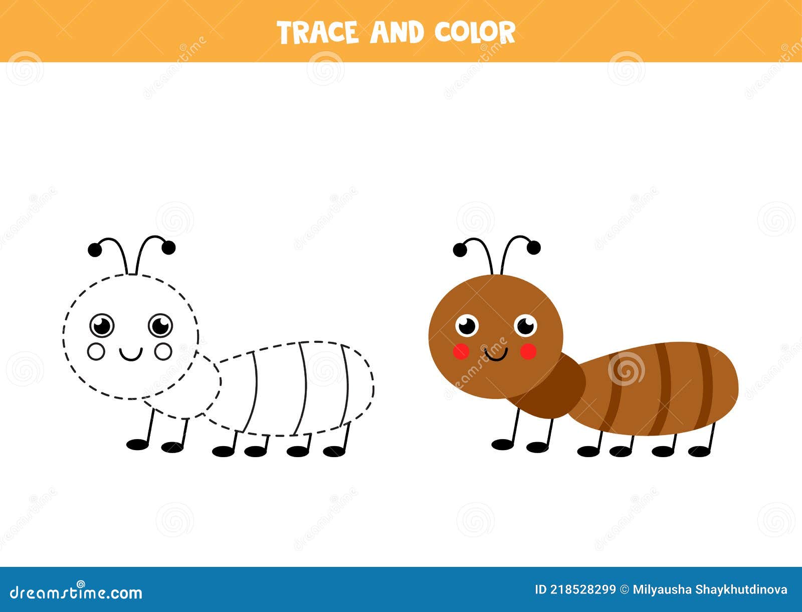 Trace and Color Cute Ant. Worksheet for Kids. Stock Vector ...