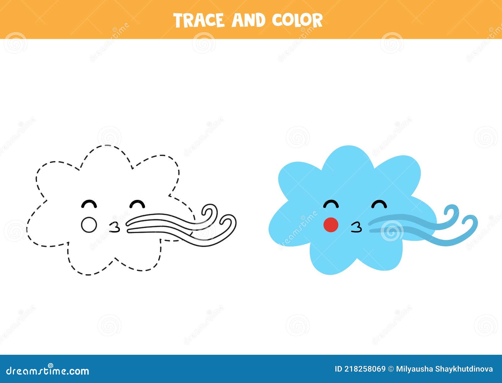 Trace and Color Cute Wind Cloud. Worksheet for Kids. Stock Vector ...
