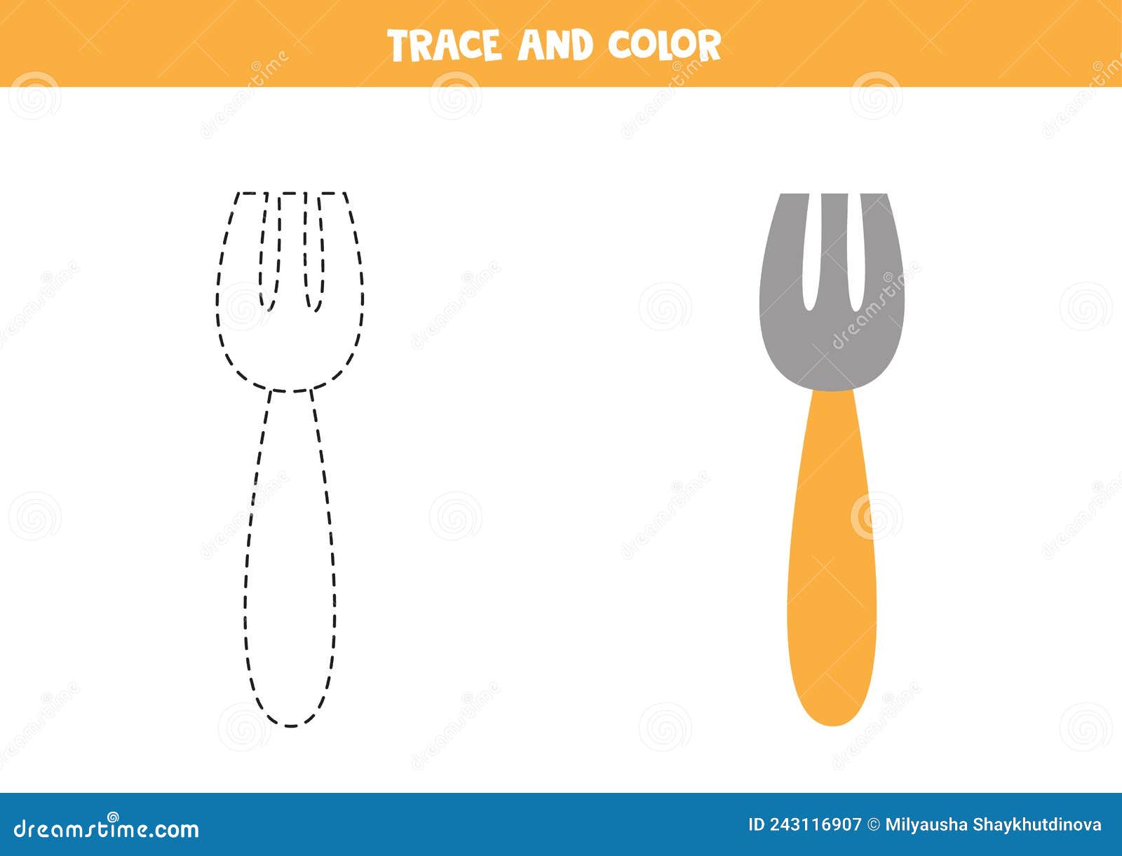 Trace and Color Fork. Worksheet for Children. Stock Vector ...