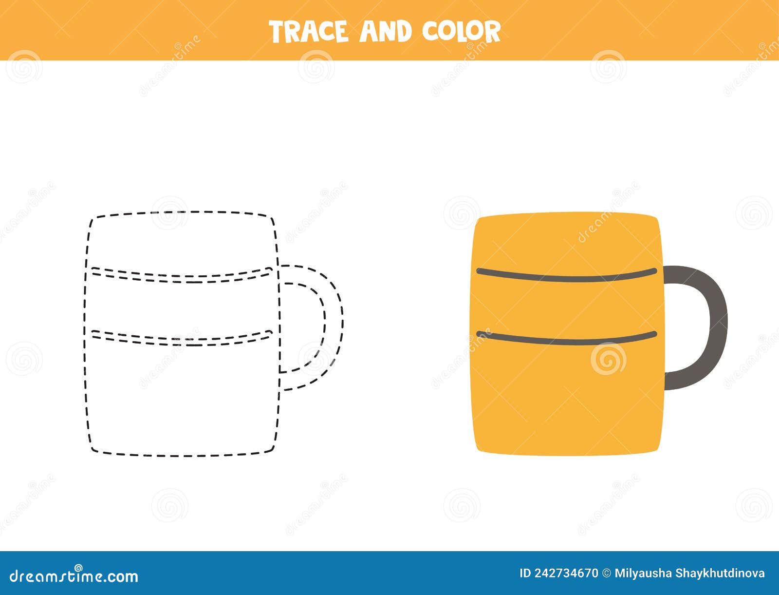 Trace and Color Kitchen Mug. Worksheet for Children. Stock Vector ...