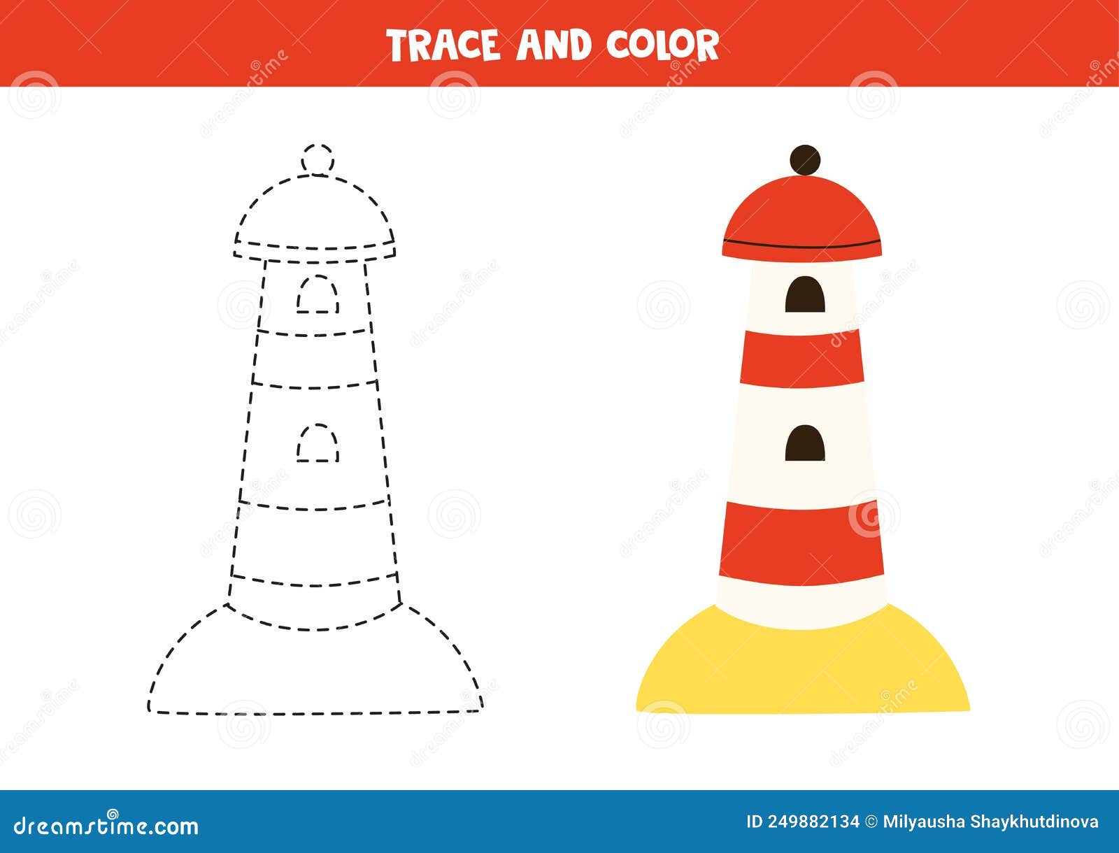 Trace and Color Lighthouse. Worksheet for Children. Stock Vector ...