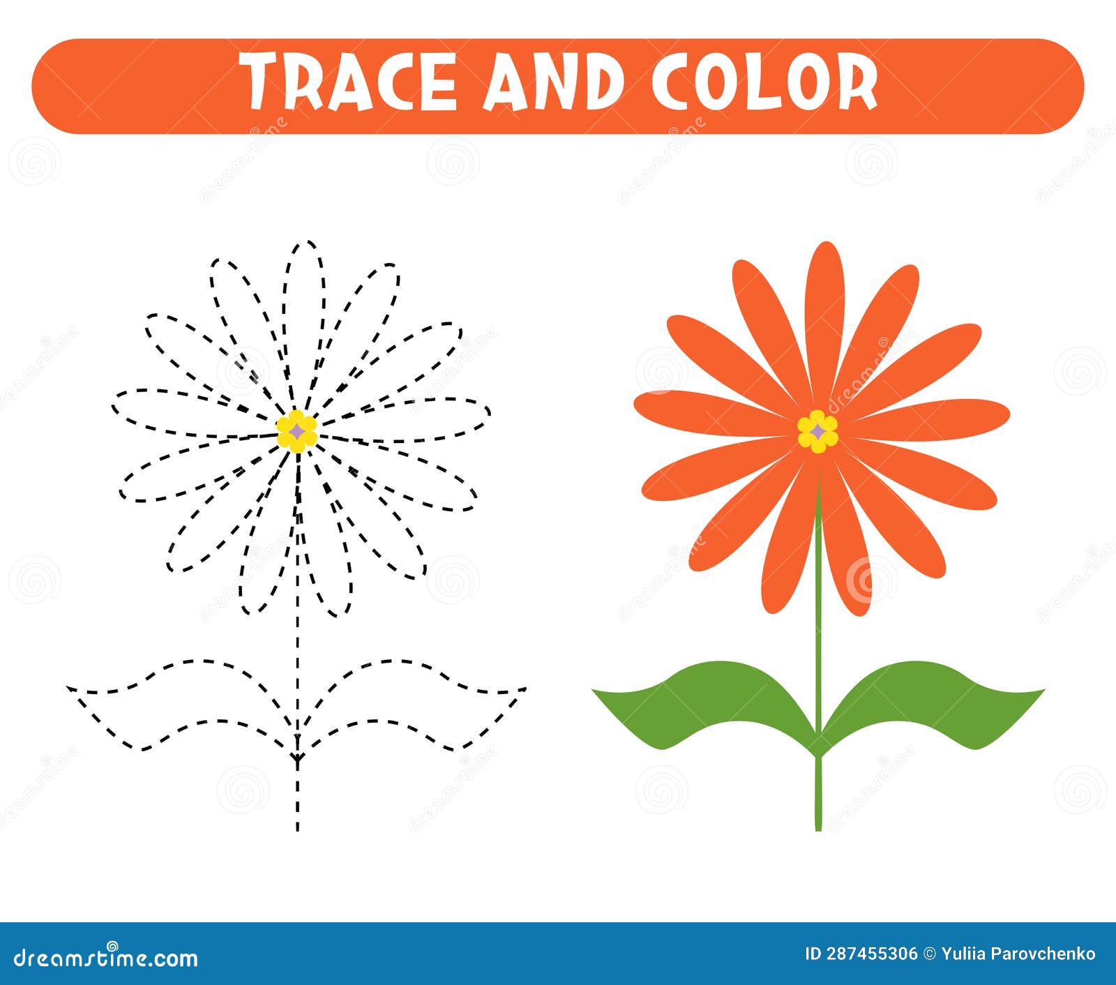 Trace and Color Orange Flower. Worksheet for Kids Stock Vector ...