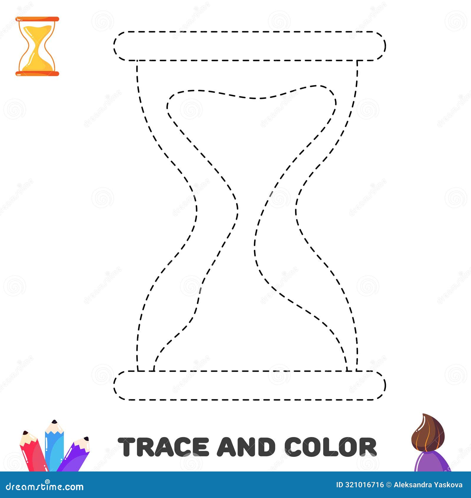Trace and Color Sand Clock. Educational Worksheet for Kids with School ...