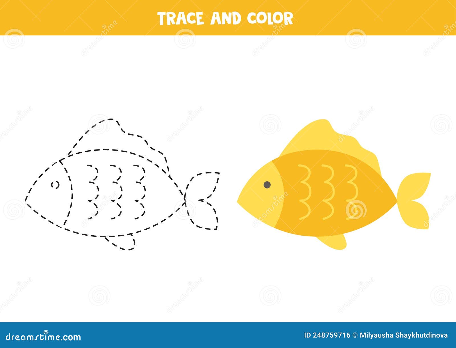 Trace and Color Yellow Fish. Worksheet for Children. Stock Vector ...