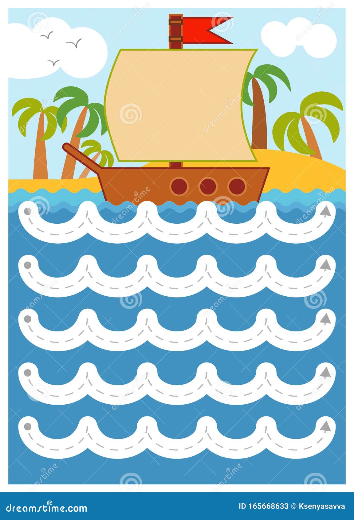 Trace the Dotted Lines, Education Game for Children. Ship and Tropical ... Trace the Dotted Lines, Education Game for Children. Ship and Tropical ...