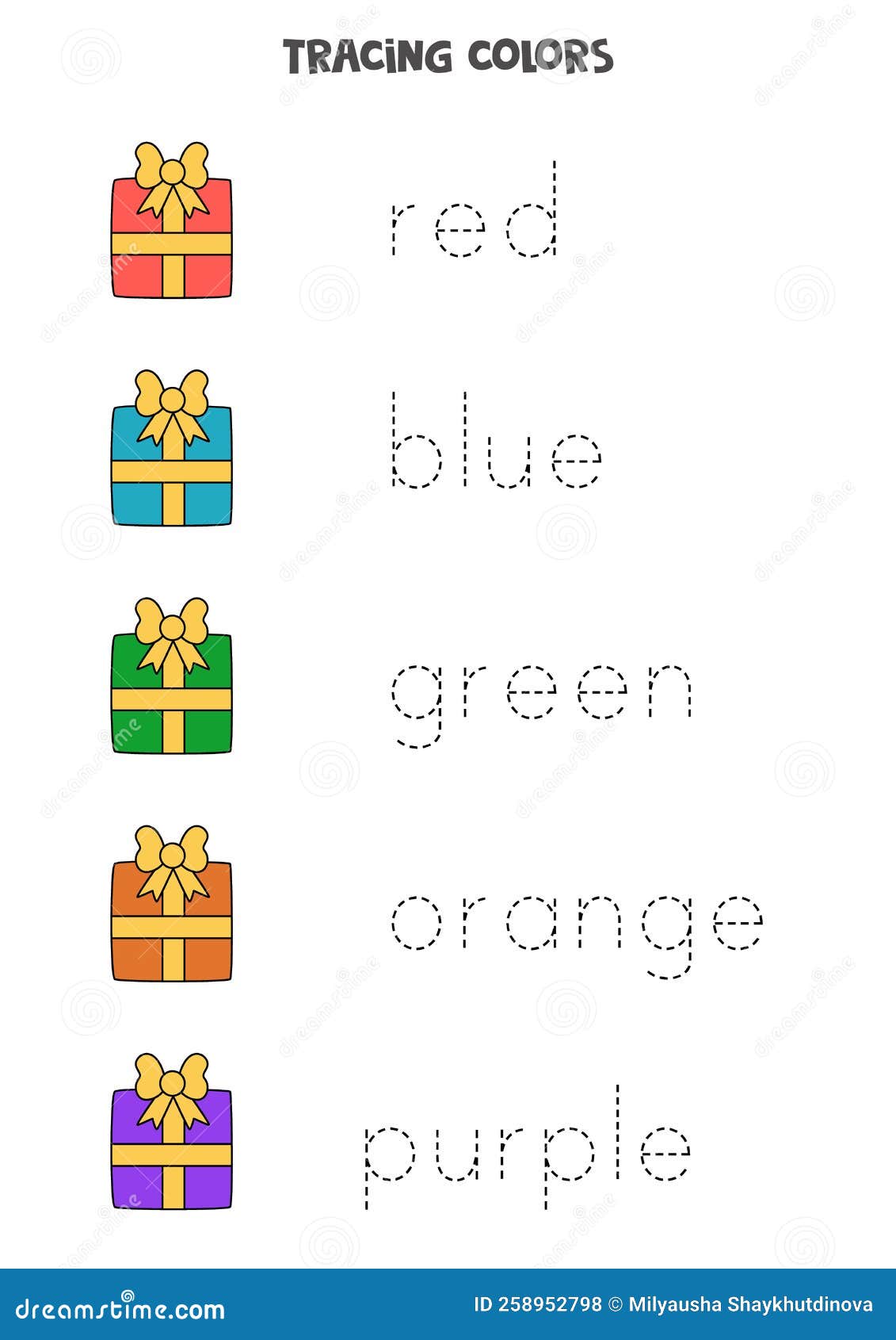 Trace Names of Basic Colors with Presents. Handwriting Practice Stock ...