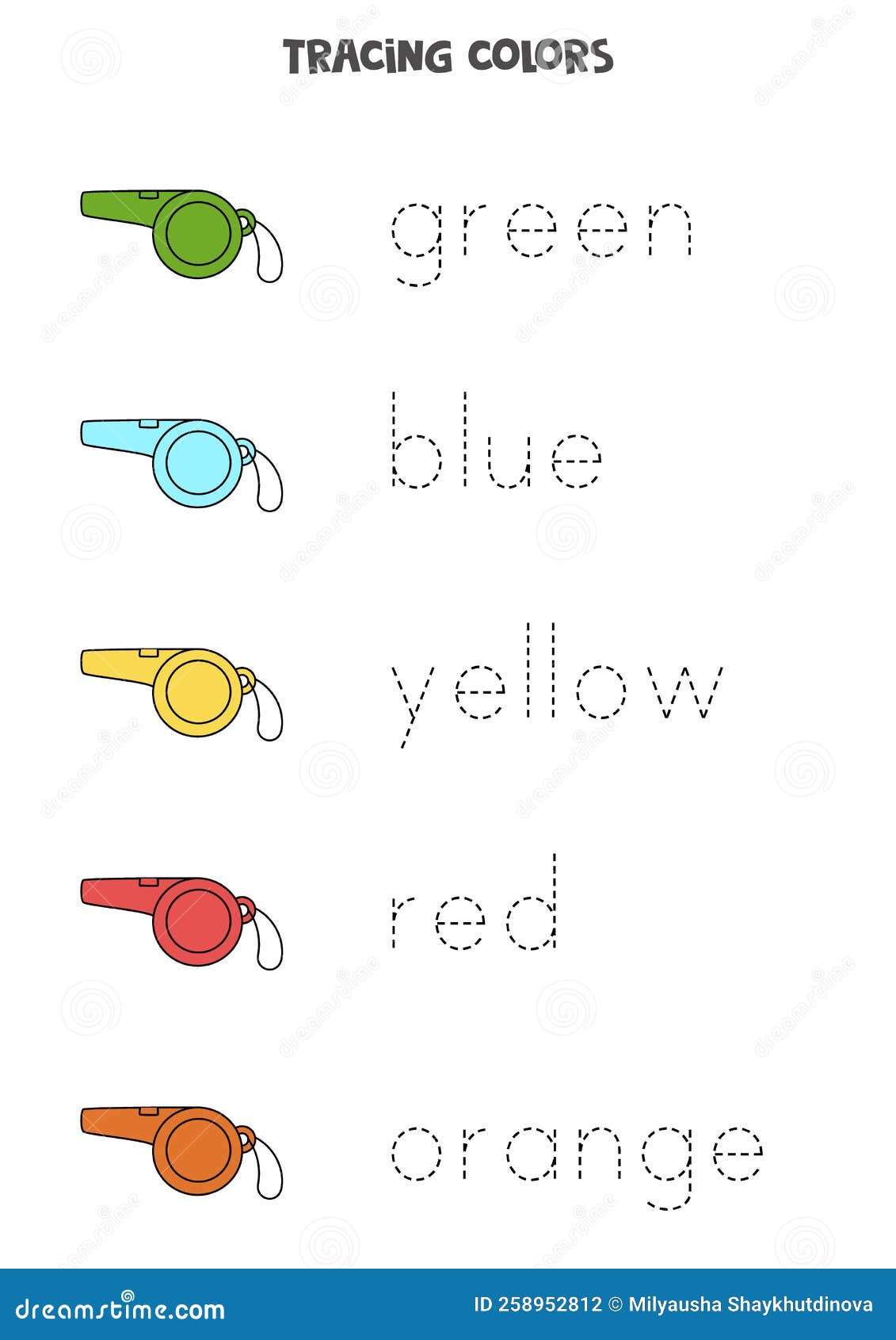 Trace Names Of Basic Colors With Whistles. Handwriting Practice Vector ...