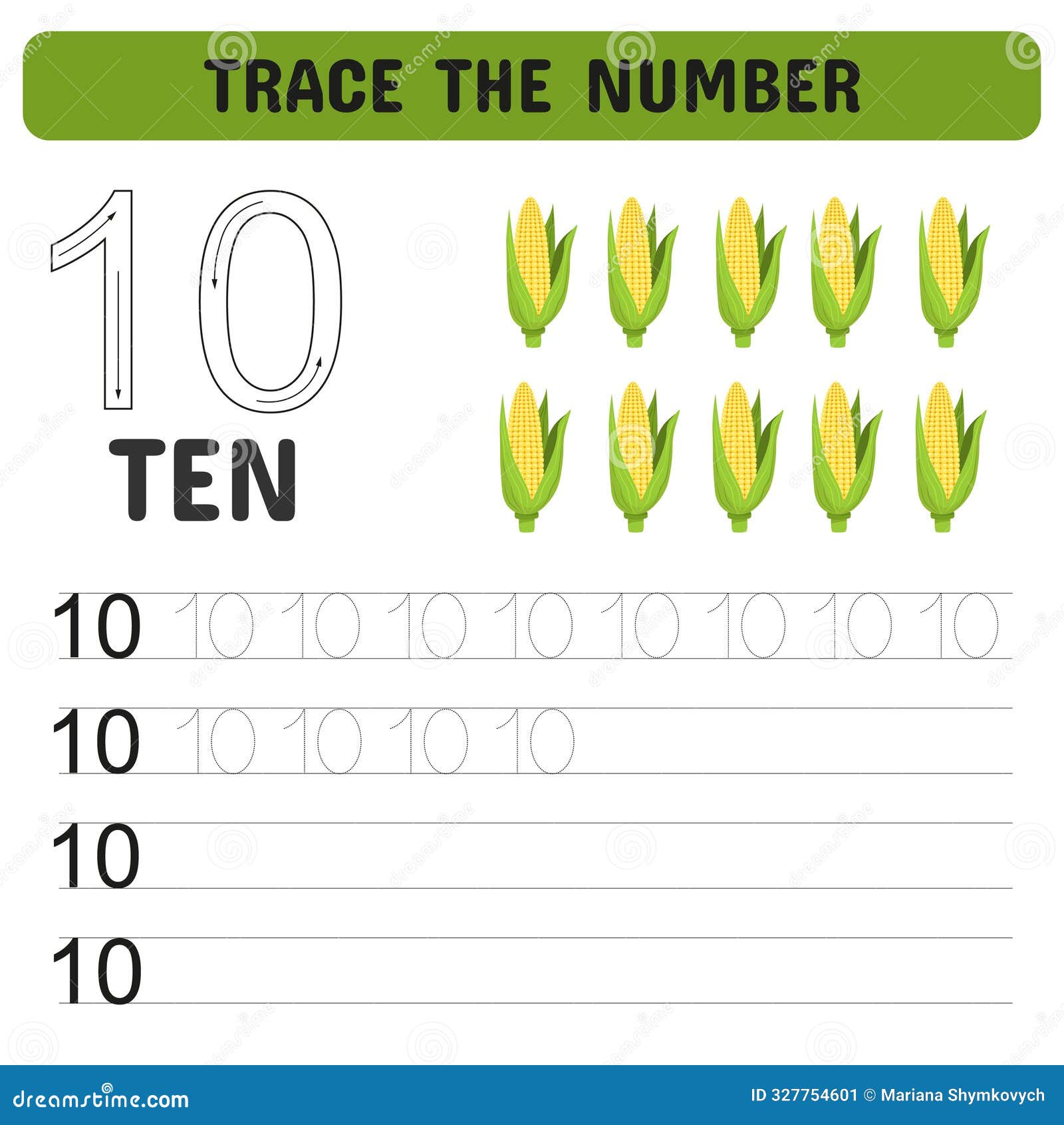 Trace the Number. Learning the Number 10 with Corn. Educational ...