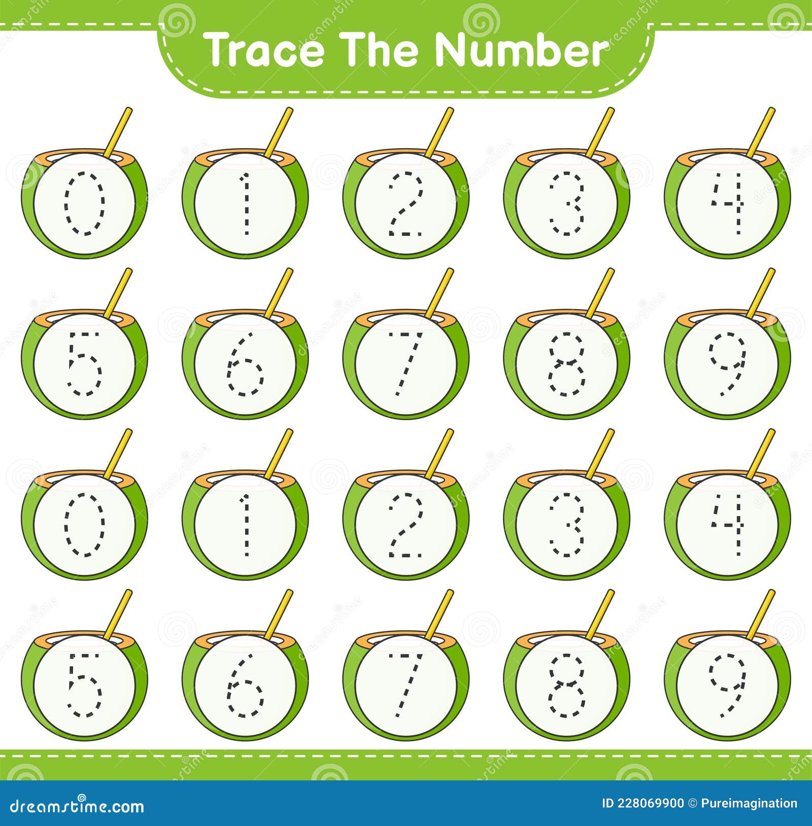 Trace the Number. Tracing Number with Coconut Stock Vector ...