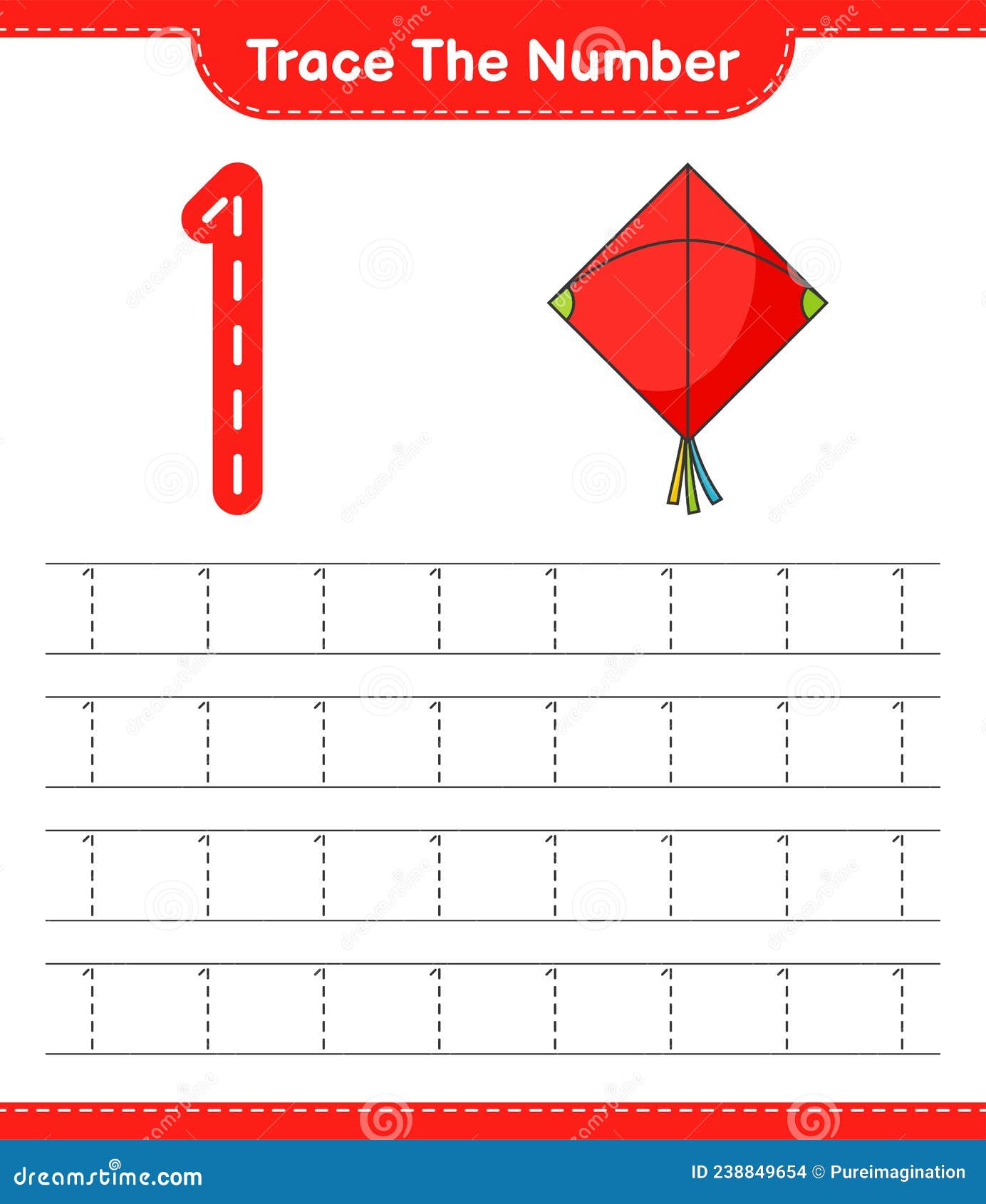 Trace the Number. Tracing Number with Kite Stock Vector - Illustration ...