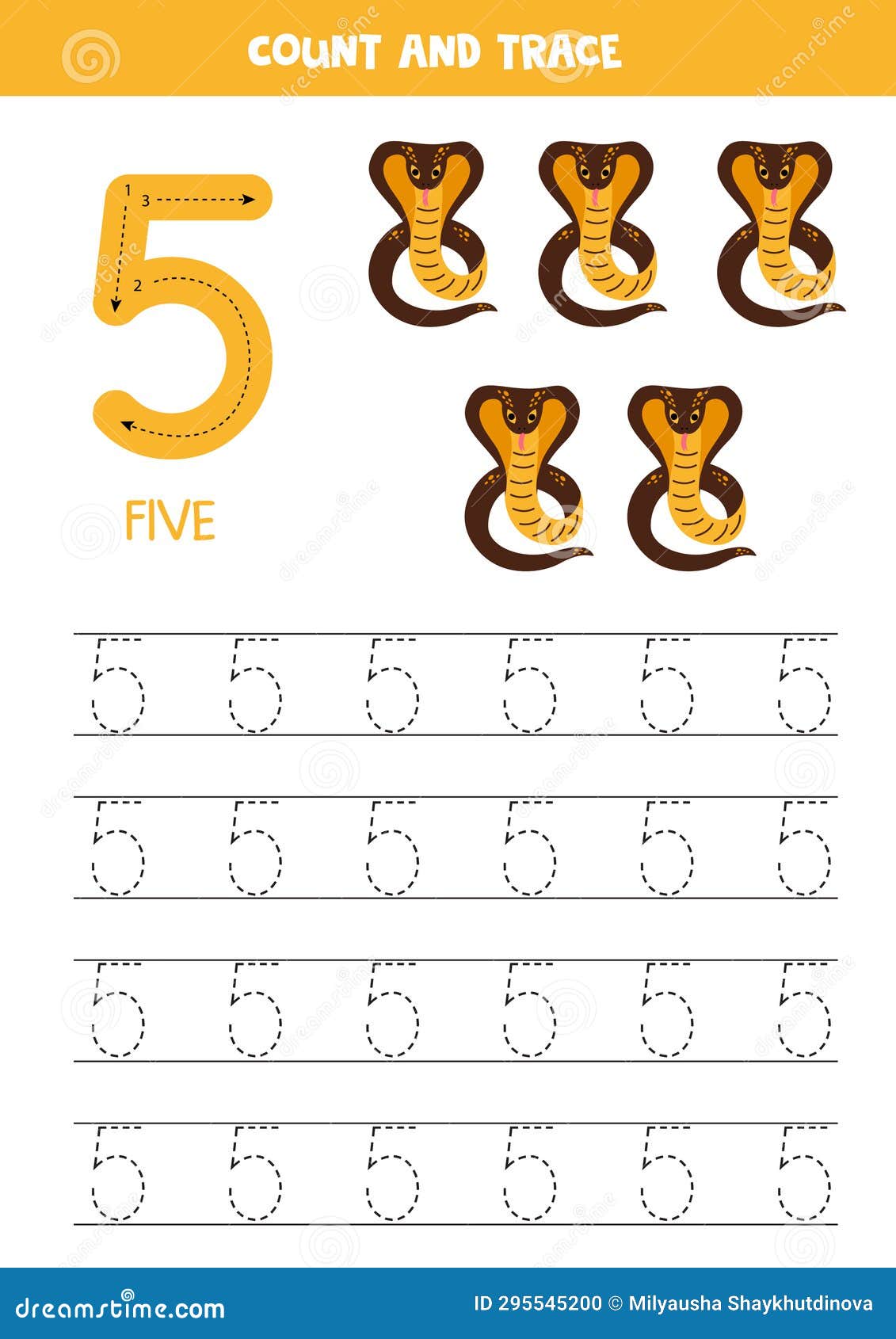 Trace Numbers. Number 5 Five. Cute Cartoon Cobras. Stock Vector ...