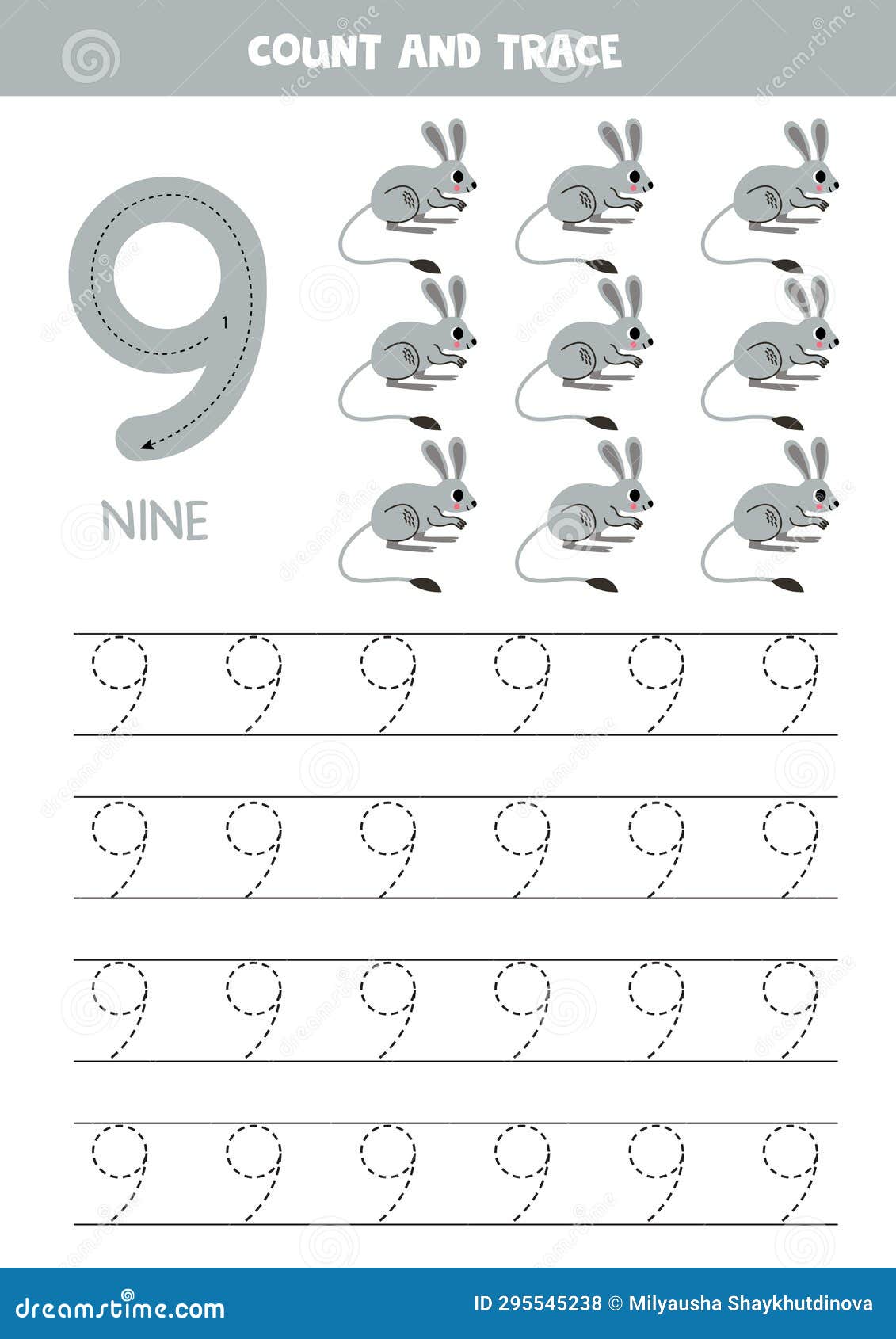 Trace Numbers. Number 9 Nine. Cute Cartoon Jerboa. Stock Vector ...