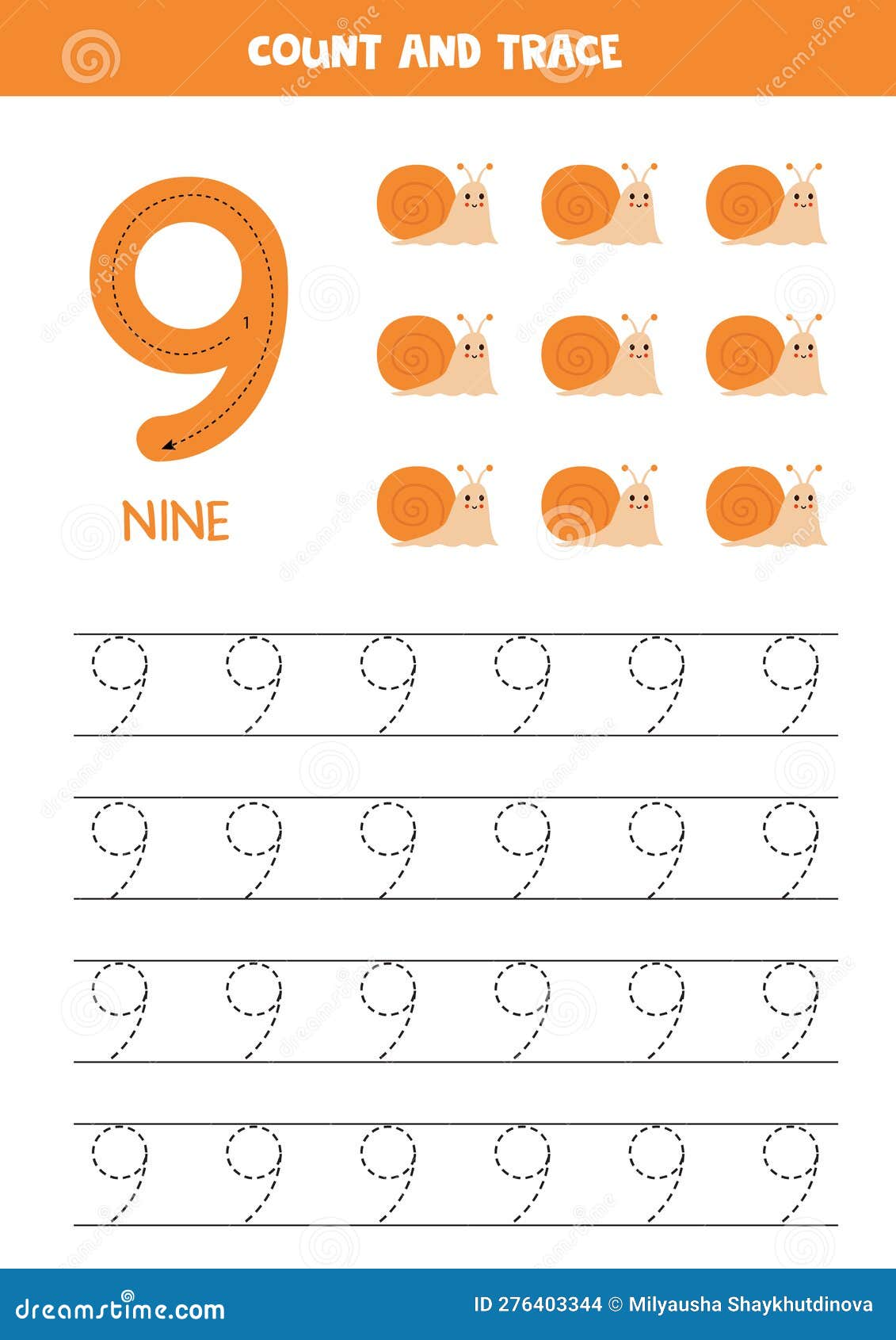 Trace Numbers. Number 9 Nine. Cute Cartoon Snails Stock Illustration ...