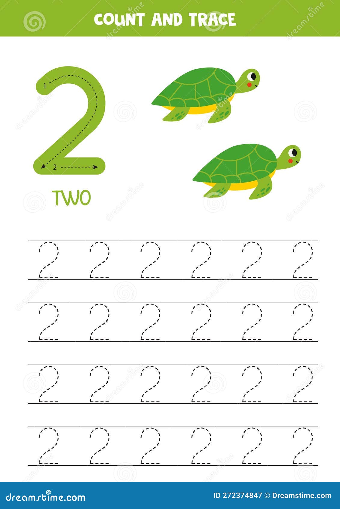 Trace Numbers. Number 2 Two. Cute Cartoon Turtles Stock Vector ...