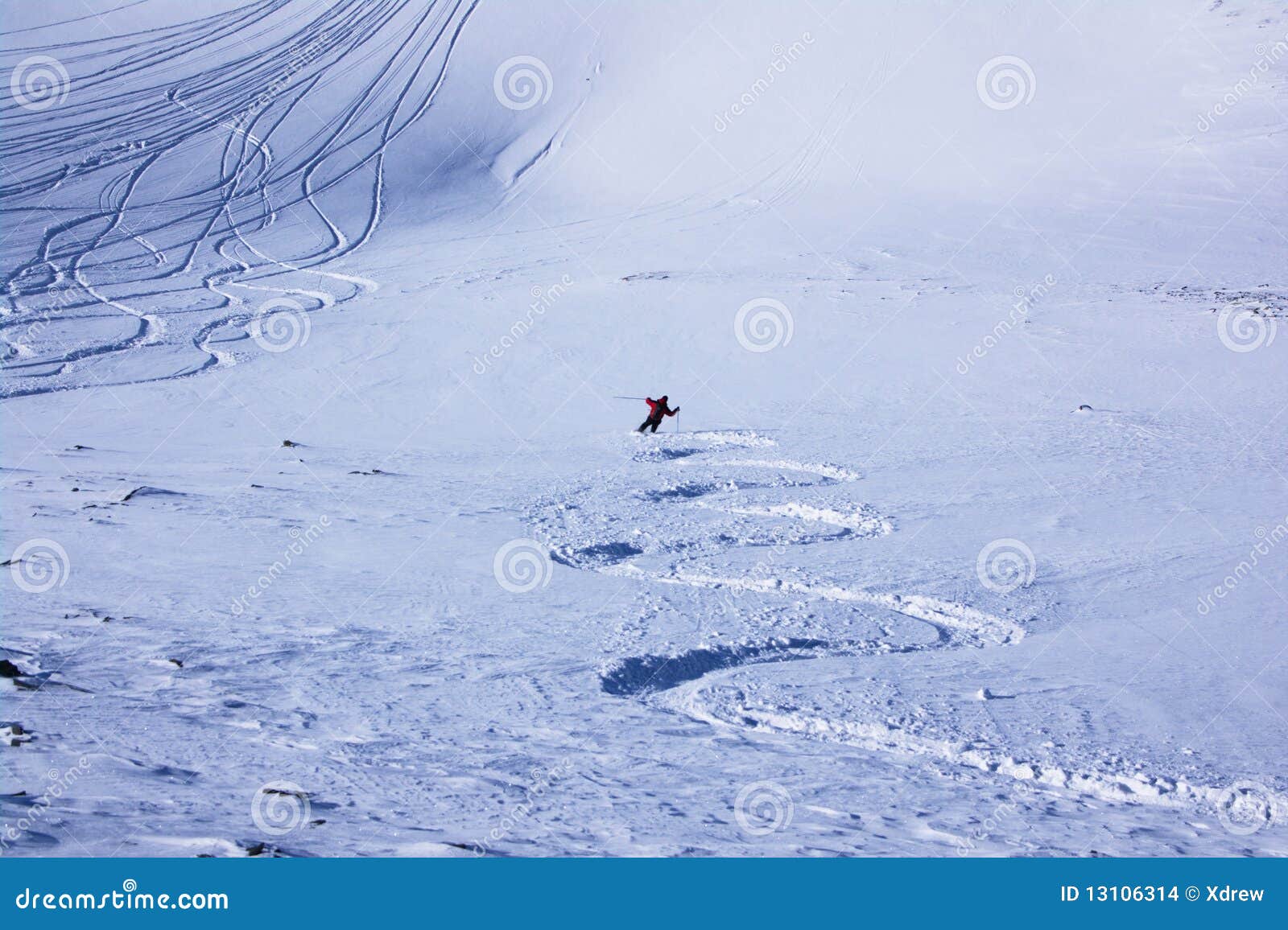 Trace of Skier Going Down in Fresh Snow Stock Photo - Image of scenic ...