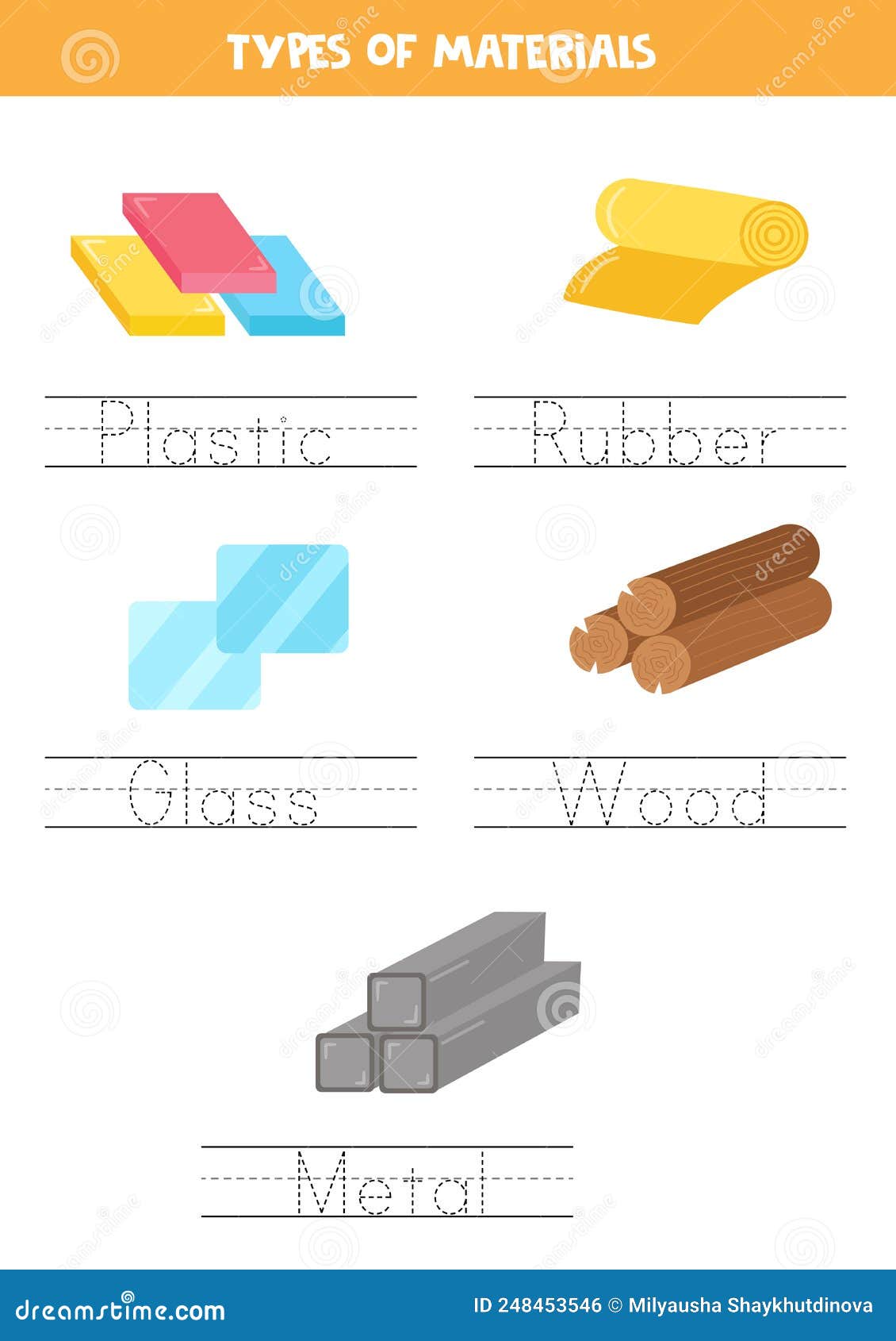 Tracing Names of Material Types. Writing Practice. Stock Vector ...
