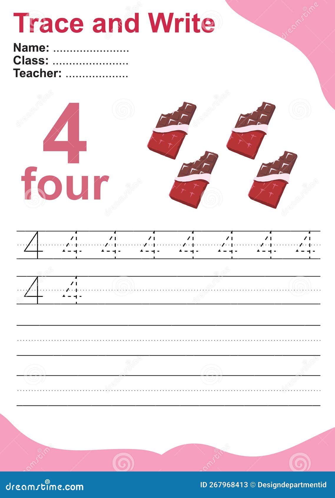 Number Four Tracing Practice Worksheet Four Chocolate Valentine ...