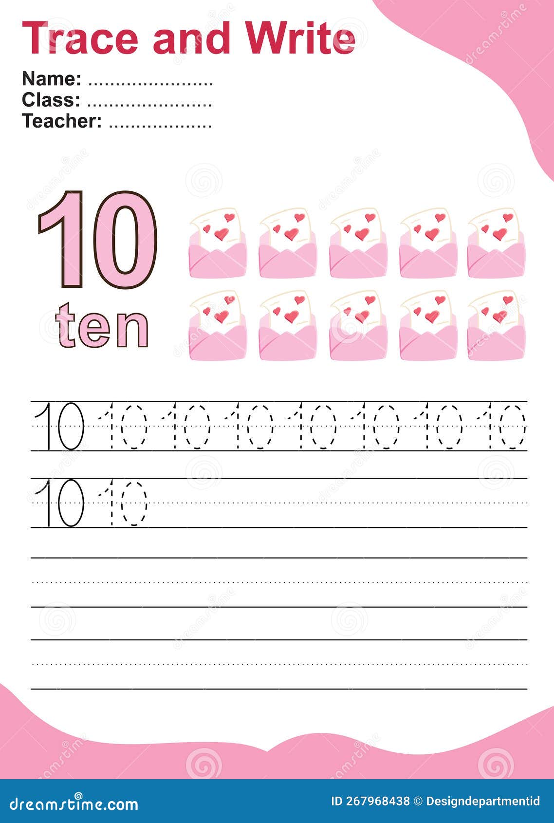Number Seven Tracing Practice Worksheet Ten Love Letter Valentine ...
