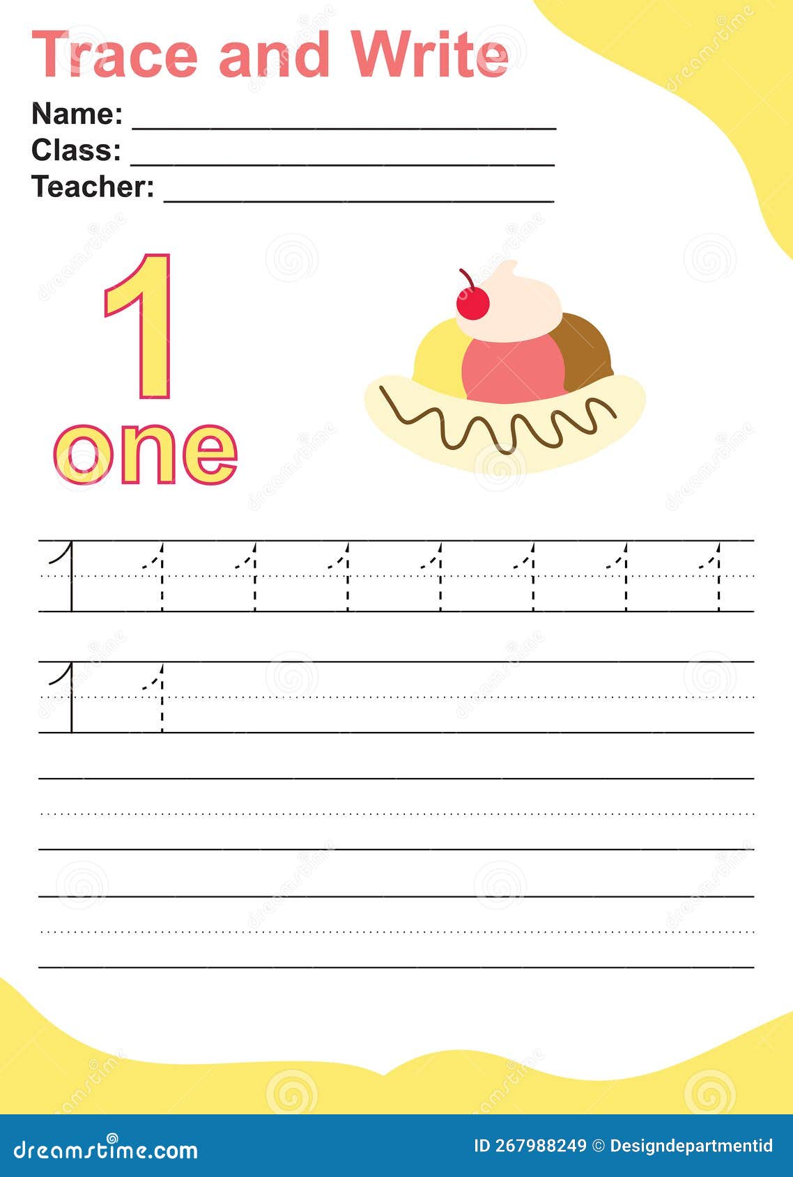 Number One Tracing Practice Worksheet with One Banana Split Ice Cream ...