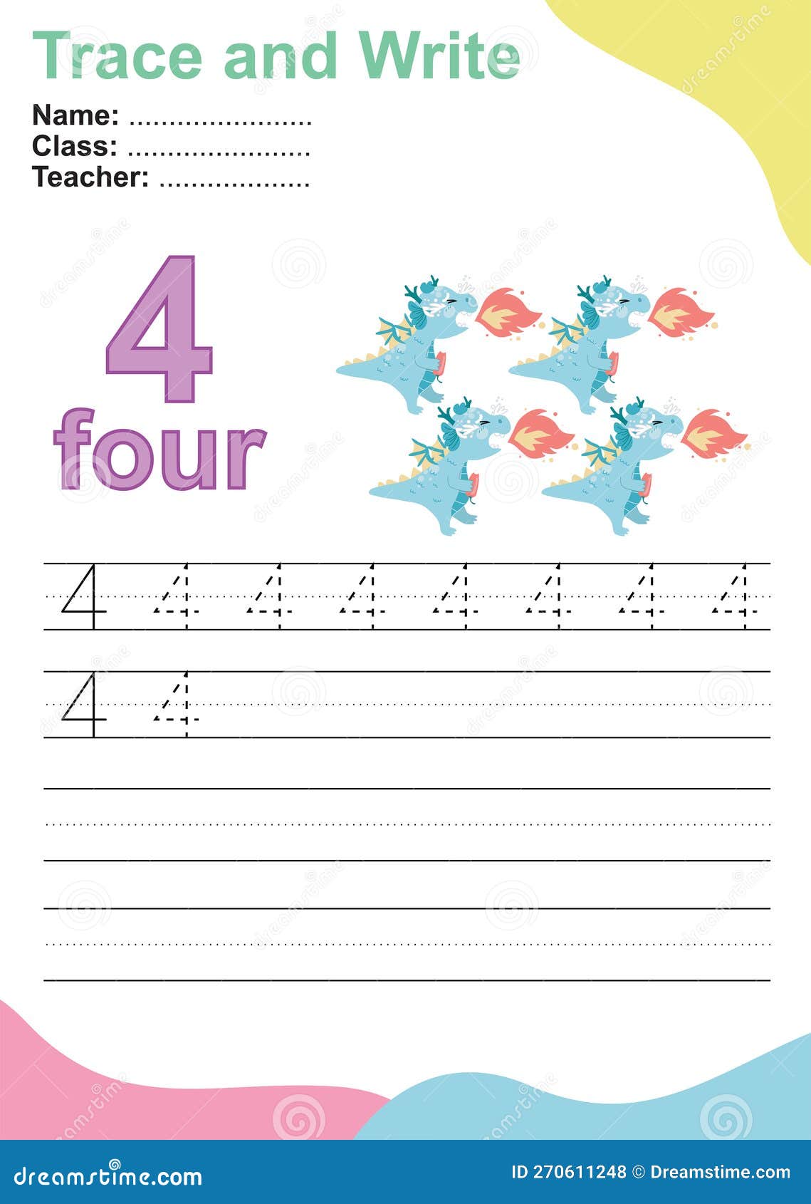 Number Four Tracing Practice Worksheet with Four Baby Dragons Eating ...