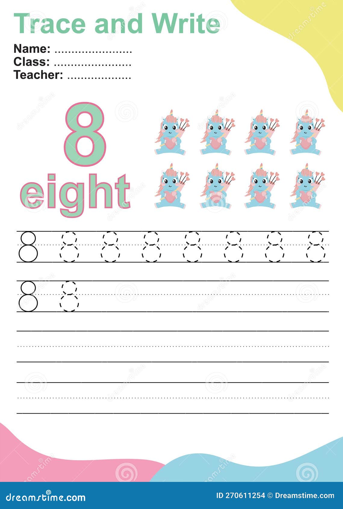 Number Eight Tracing Practice Worksheet with Eight Unicorns As a Cupid ...