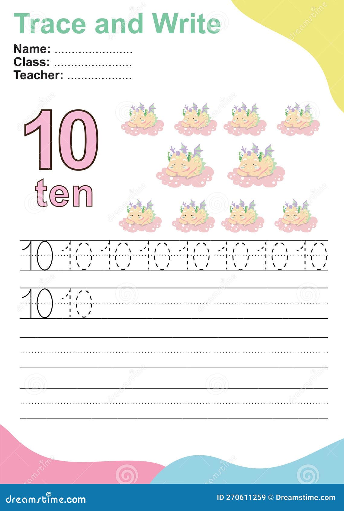 Number Ten Tracing Practice Worksheet with Ten Baby Dragons Sleeping on ...