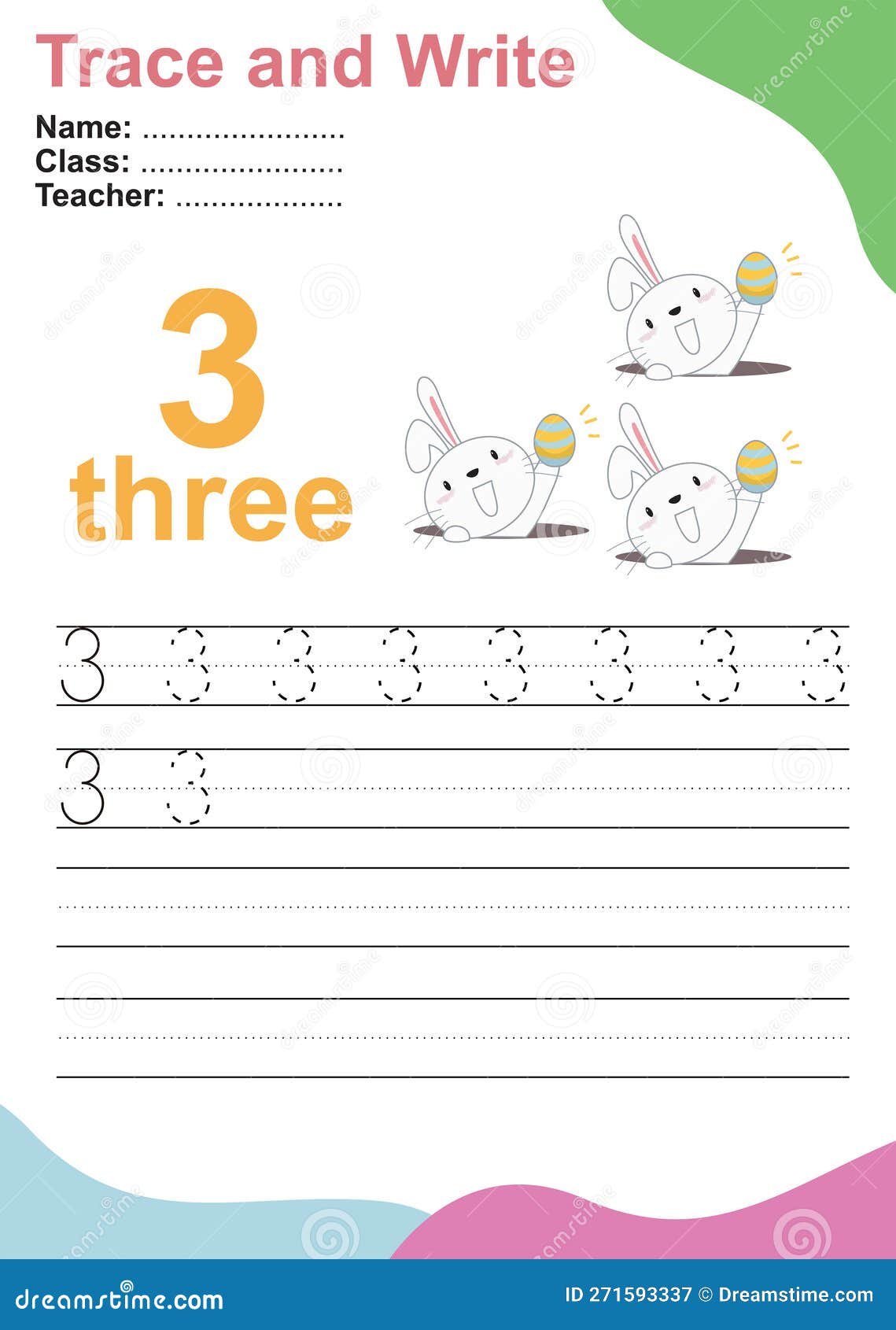 Number Three Tracing Practice Worksheet with 3 Rabbits Happy Finding ...