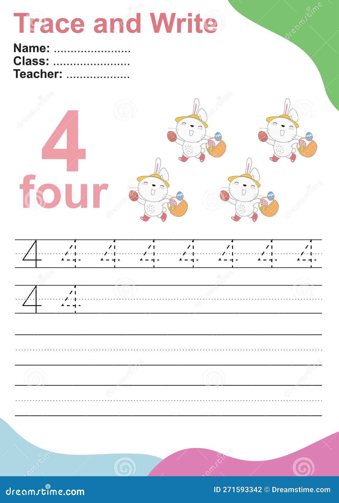 Number Four Tracing Practice Worksheet with 4 Rabbits with Easter Eggs ...