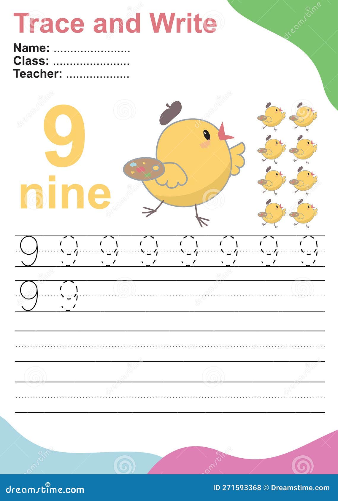 Number Nine Tracing Practice Worksheet with 9 Chicks Painting. Stock ...