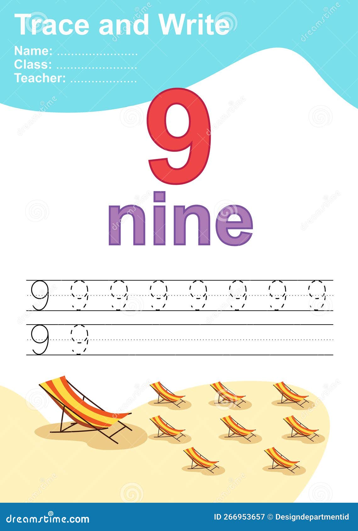 Trace Number Nine Worksheet for Kindergarten and Preschool Kids Stock ...