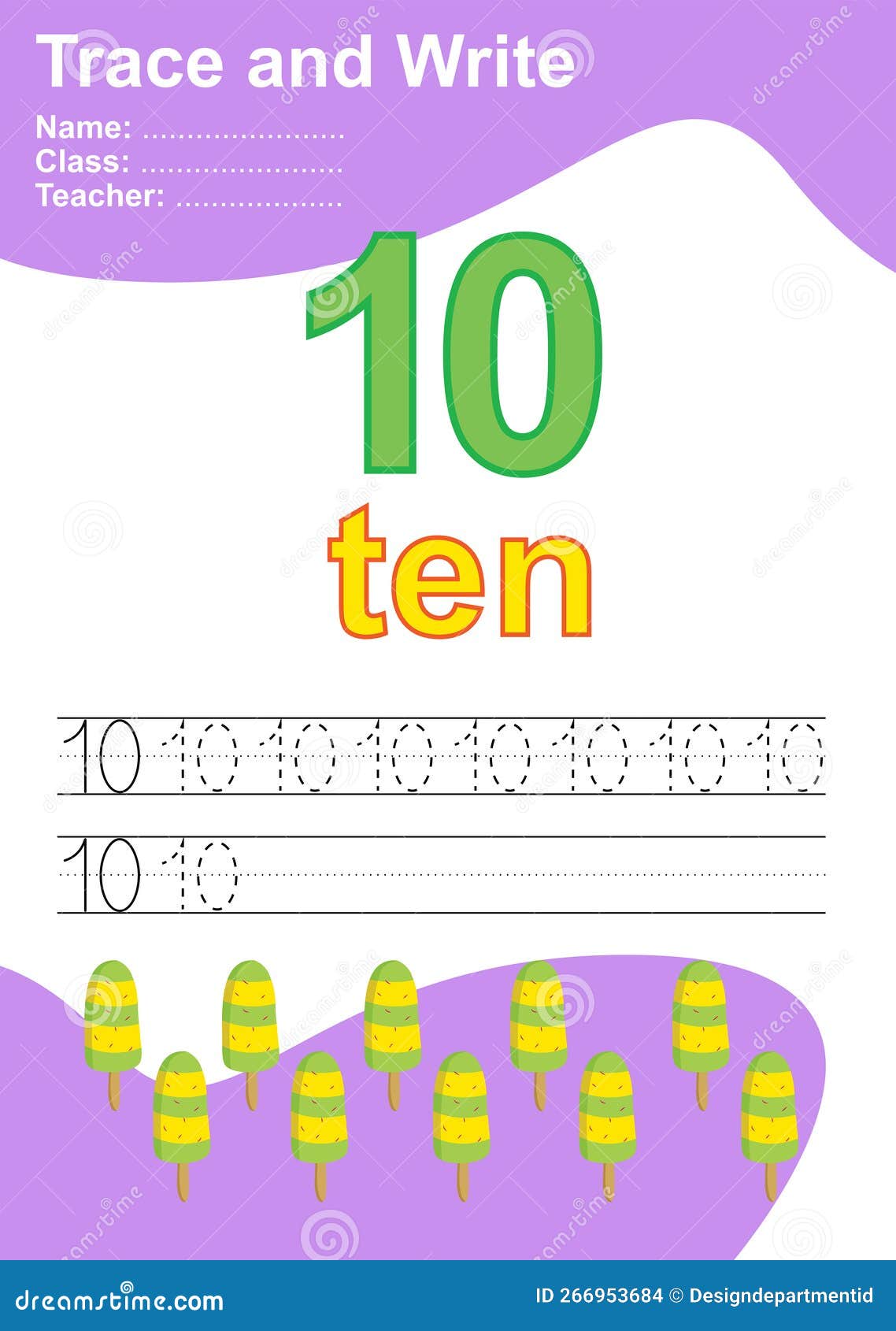 Trace Number 10 Worksheet for Kindergarten and Preschool Kids Stock ...