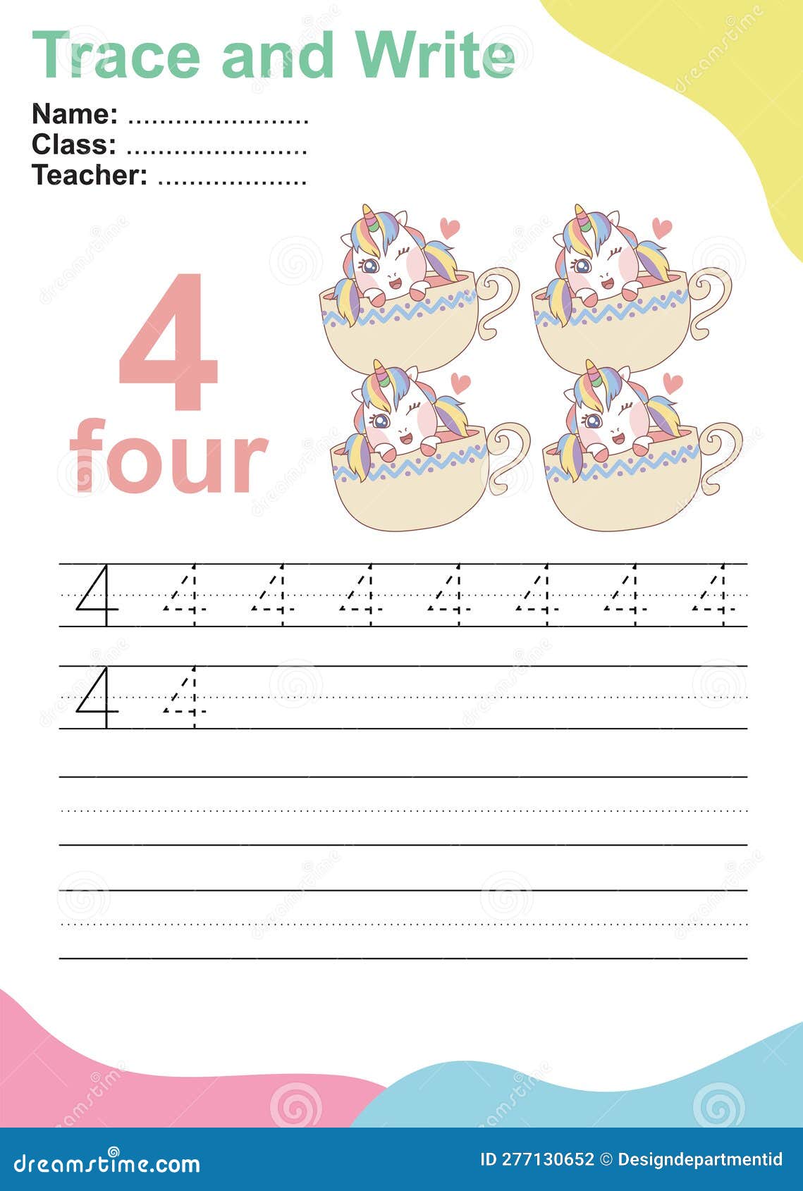 Number Four Tracing Practice Worksheet with Four Kawaii Unicorn ...