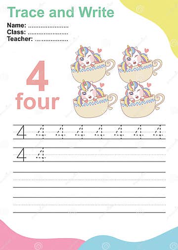 Number Four Tracing Practice Worksheet with Four Kawaii Unicorn ...