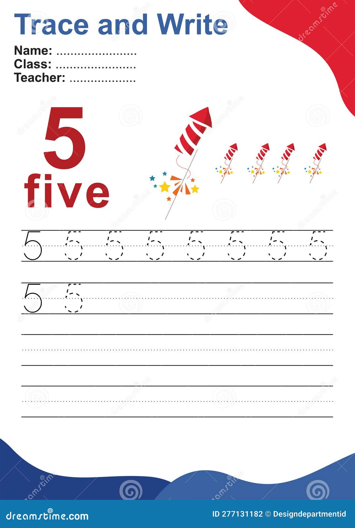 Number Five Tracing Practice Worksheet with 5 Firecrackers for Kids ...
