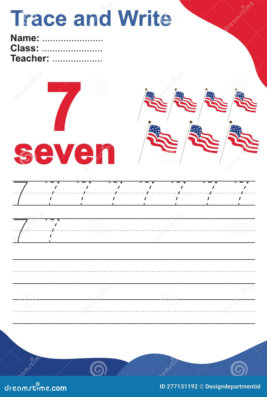 Number Seven Tracing Practice Worksheet with 7 American Flags for Kids ...
