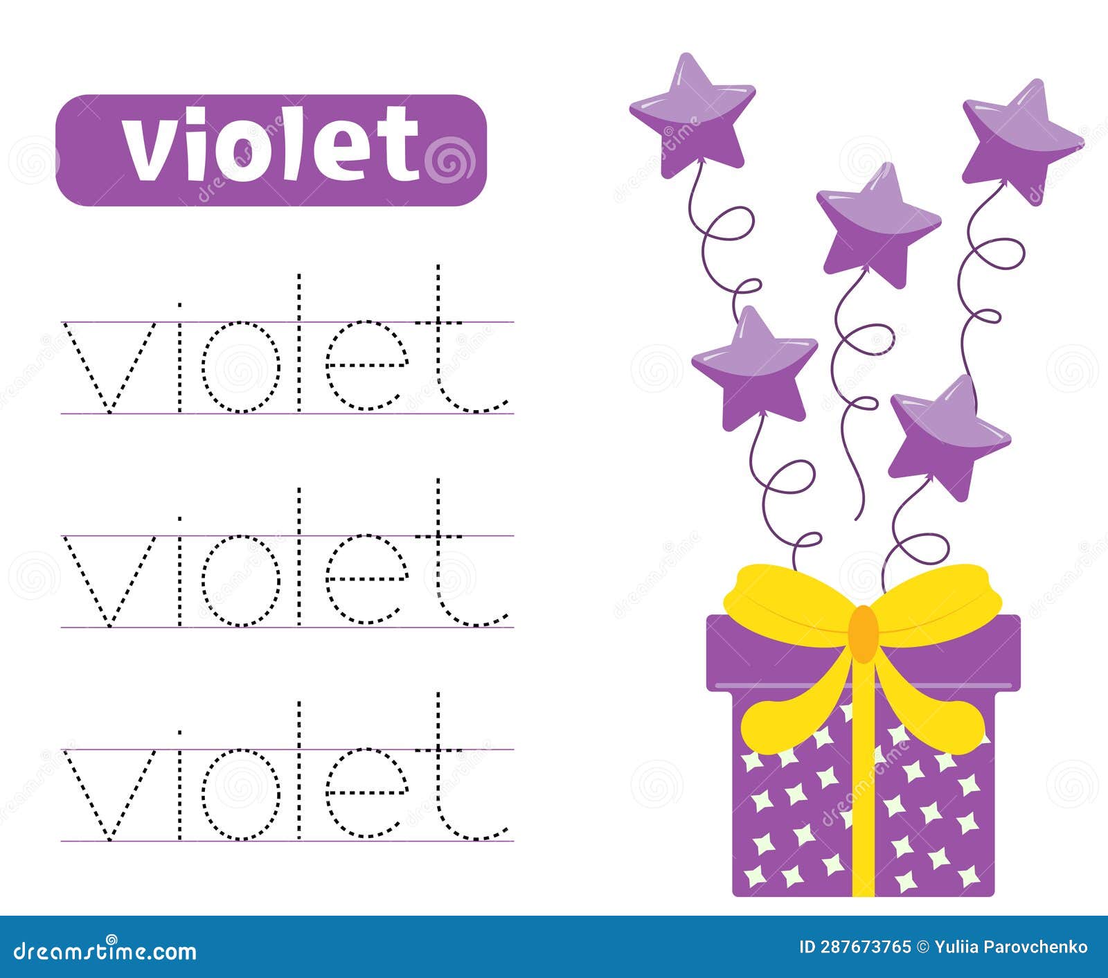 Trace and Write Word Violet. Learning Colors with Gift Box and Balloons ...