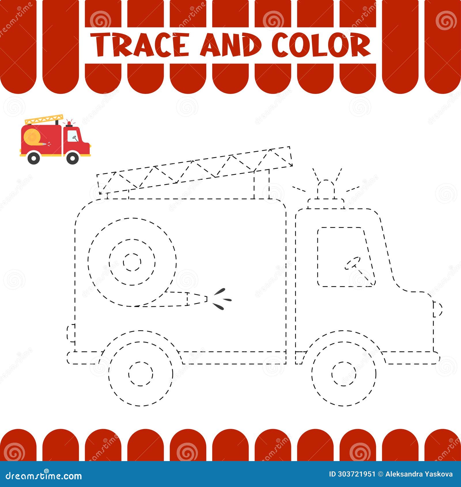 Tracing Educational Worksheet for Kids. Trace Fire Engine Car Stock ...