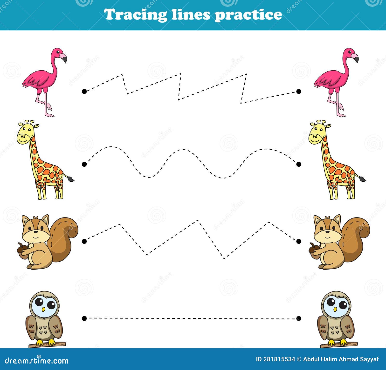 Tracing Lines Flamingo Giraffe Squirrel Owl. Educational Games Stock ...