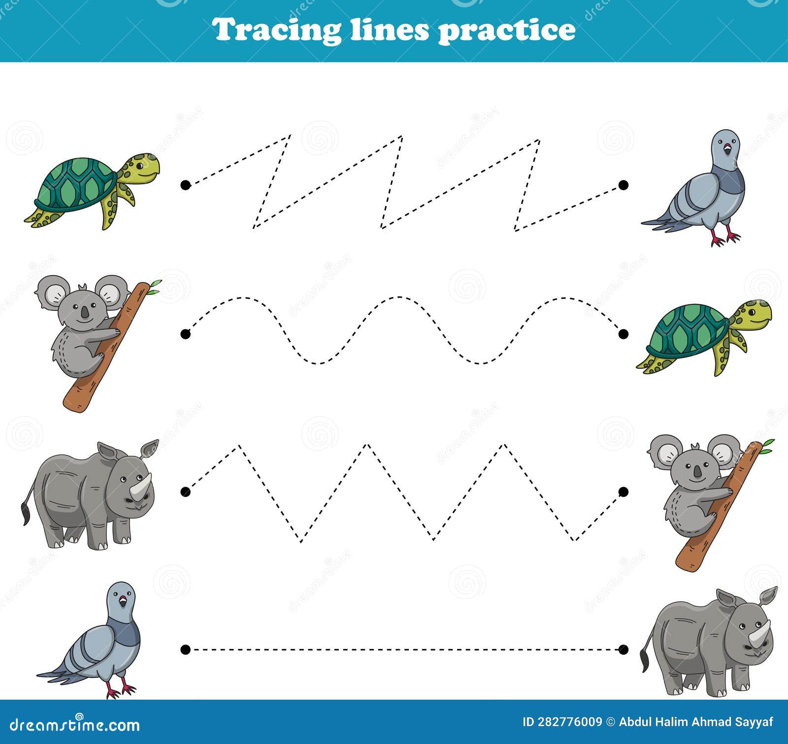 Tracing Lines Turtle Koala Rhino Dove. Educational Games. Worksheet ...