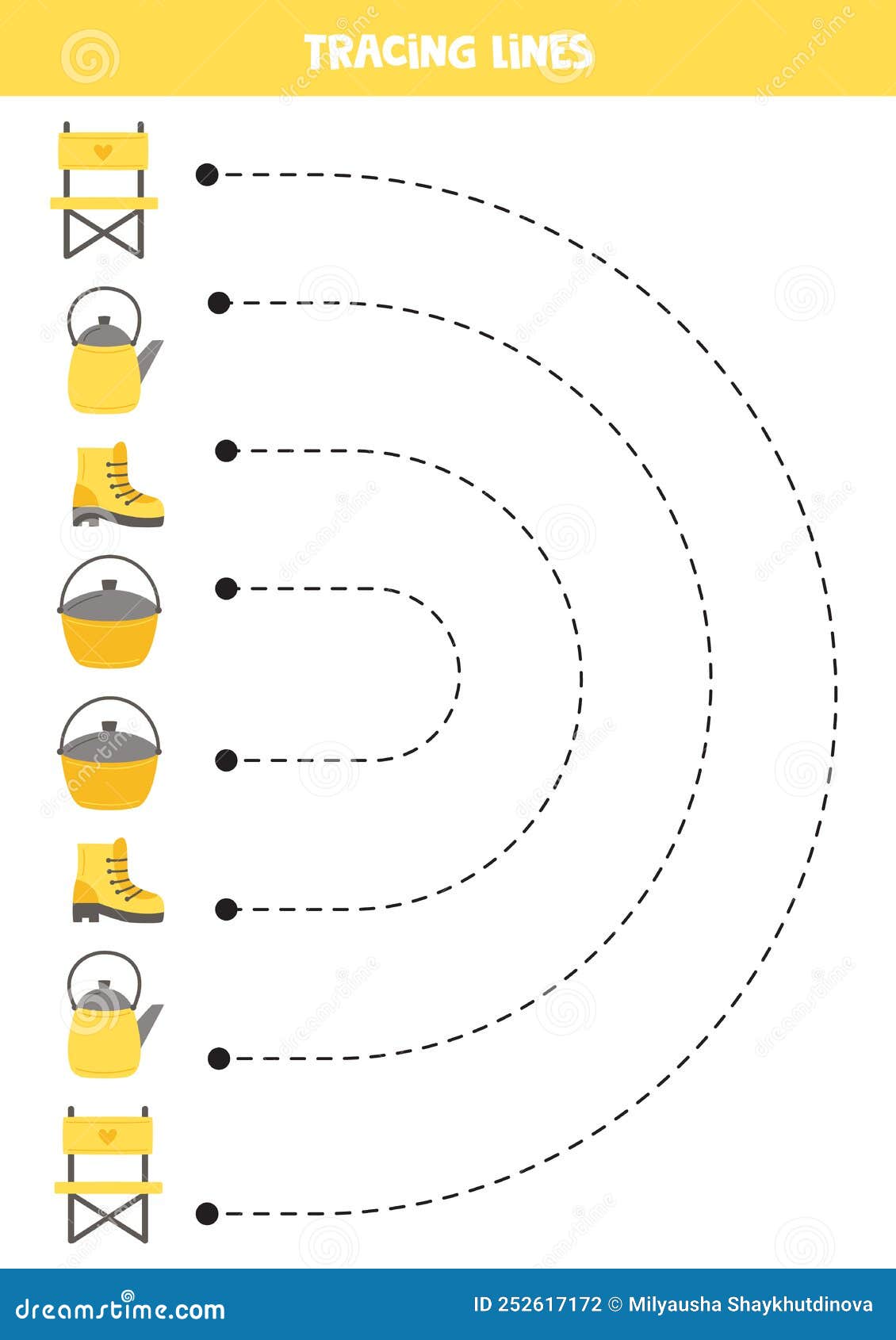 Tracing Lines for Kids. Cute Camping Elements. Writing Practice. Stock ...
